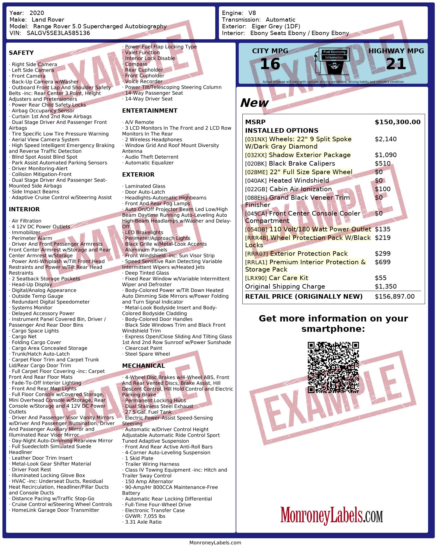 Window Sticker for 2023 Land Rover Range Rover P530 Se