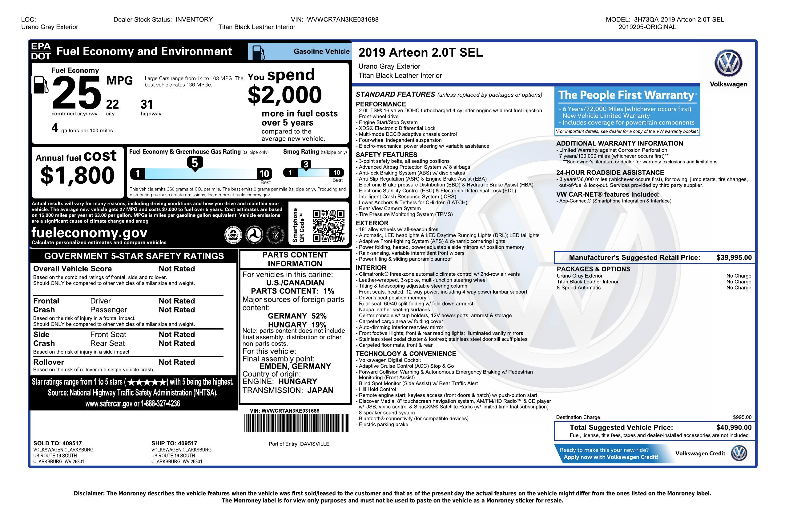 Window Sticker for 2019 Volkswagen Arteon 2.0 T Sel