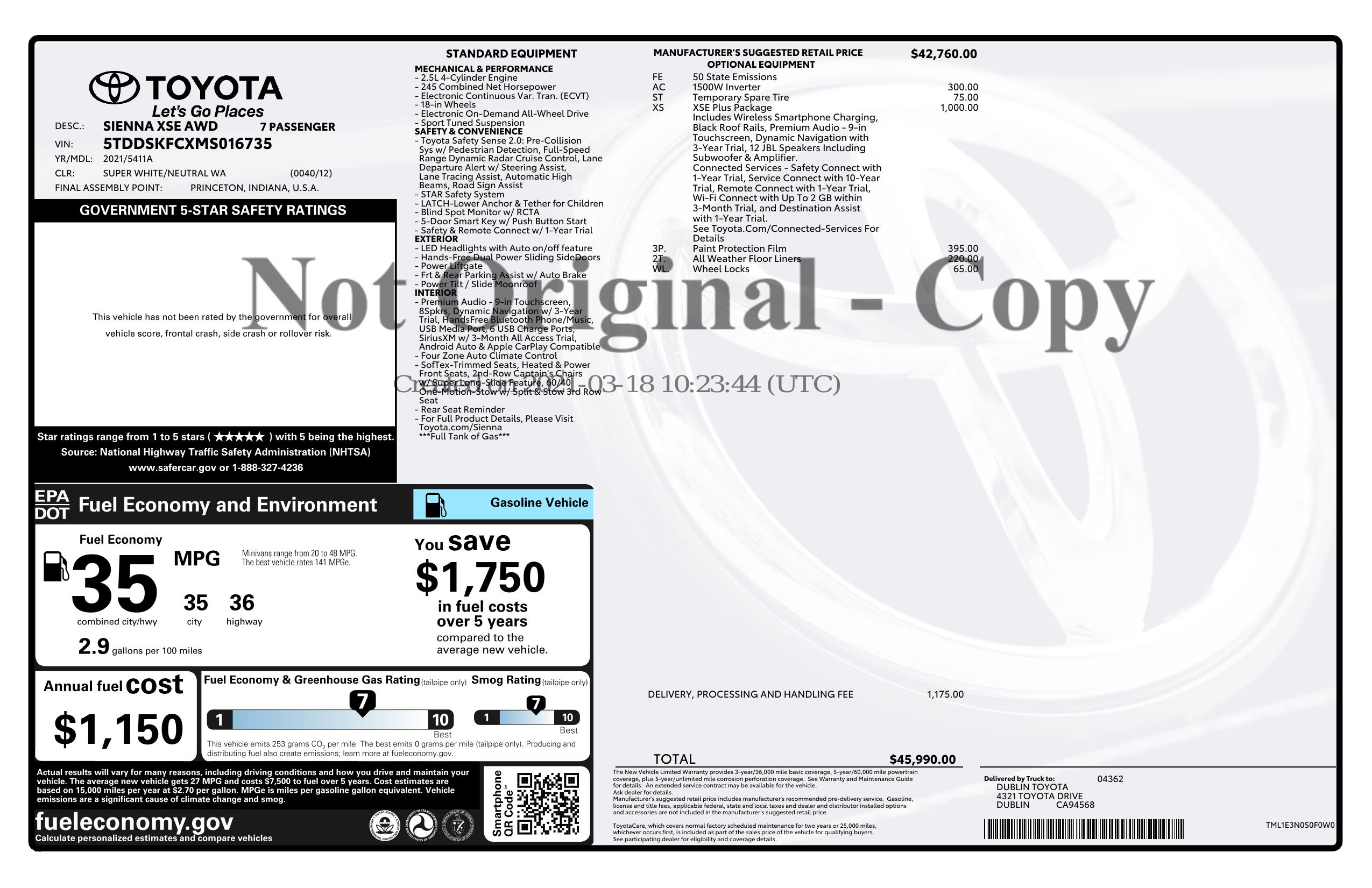 Window Sticker for 2021 Toyota Sienna Xse Awd 7 Passenger (Natl)