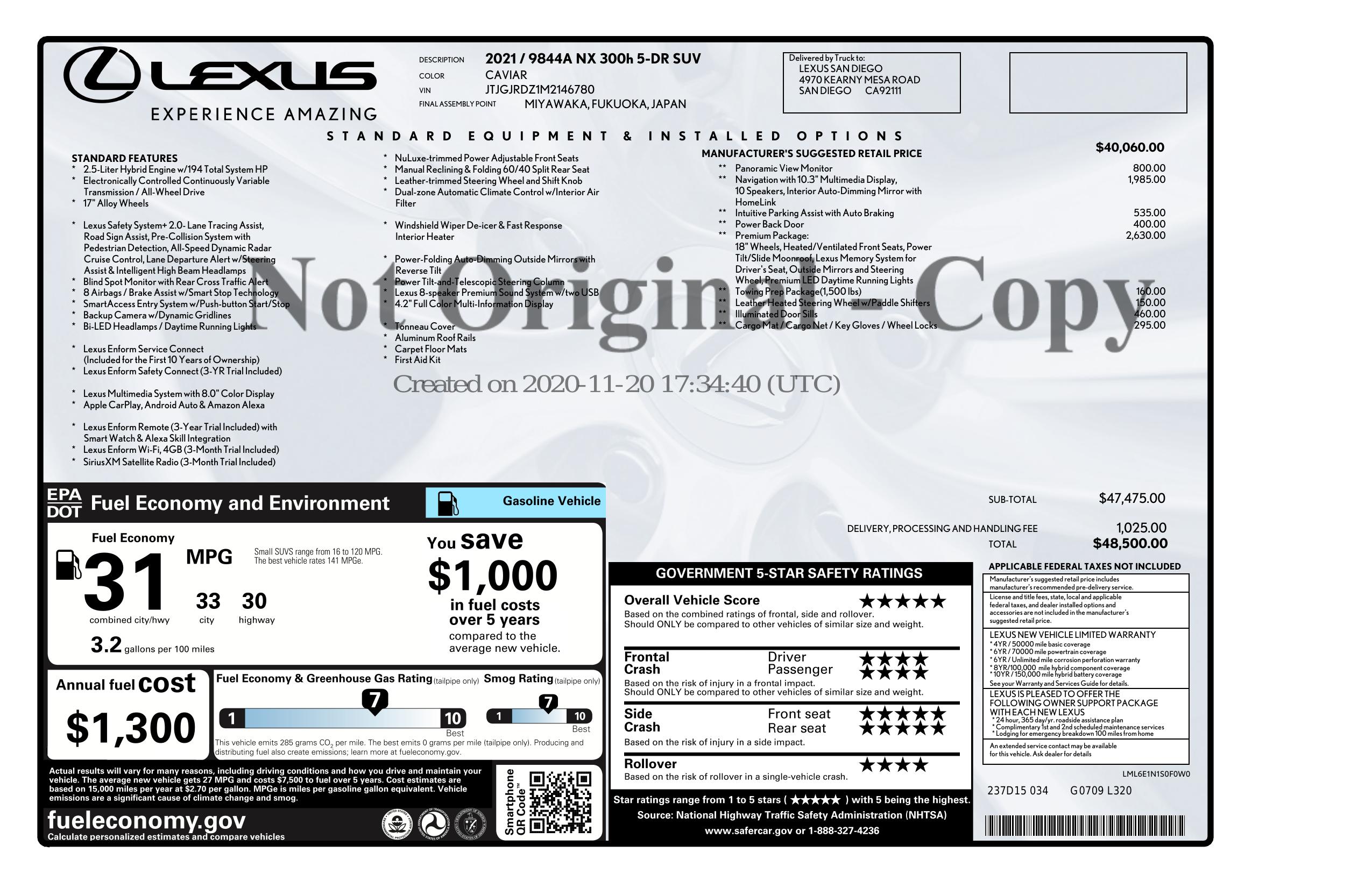 Window Sticker for 2021 Lexus Nx Nx 300h Awd