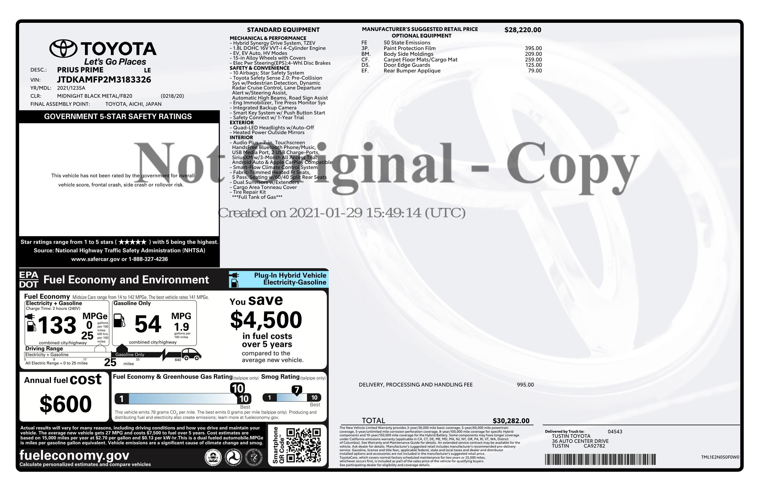 Window Sticker for 2021 Toyota Prius Prime (Natl)