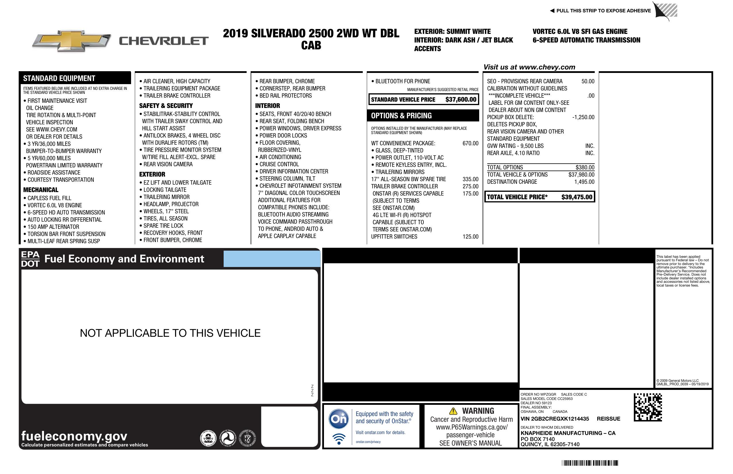 Window Sticker for 2019 Chevrolet Silverado 2500 Hd 2 Wd Double Cab 158 ...
