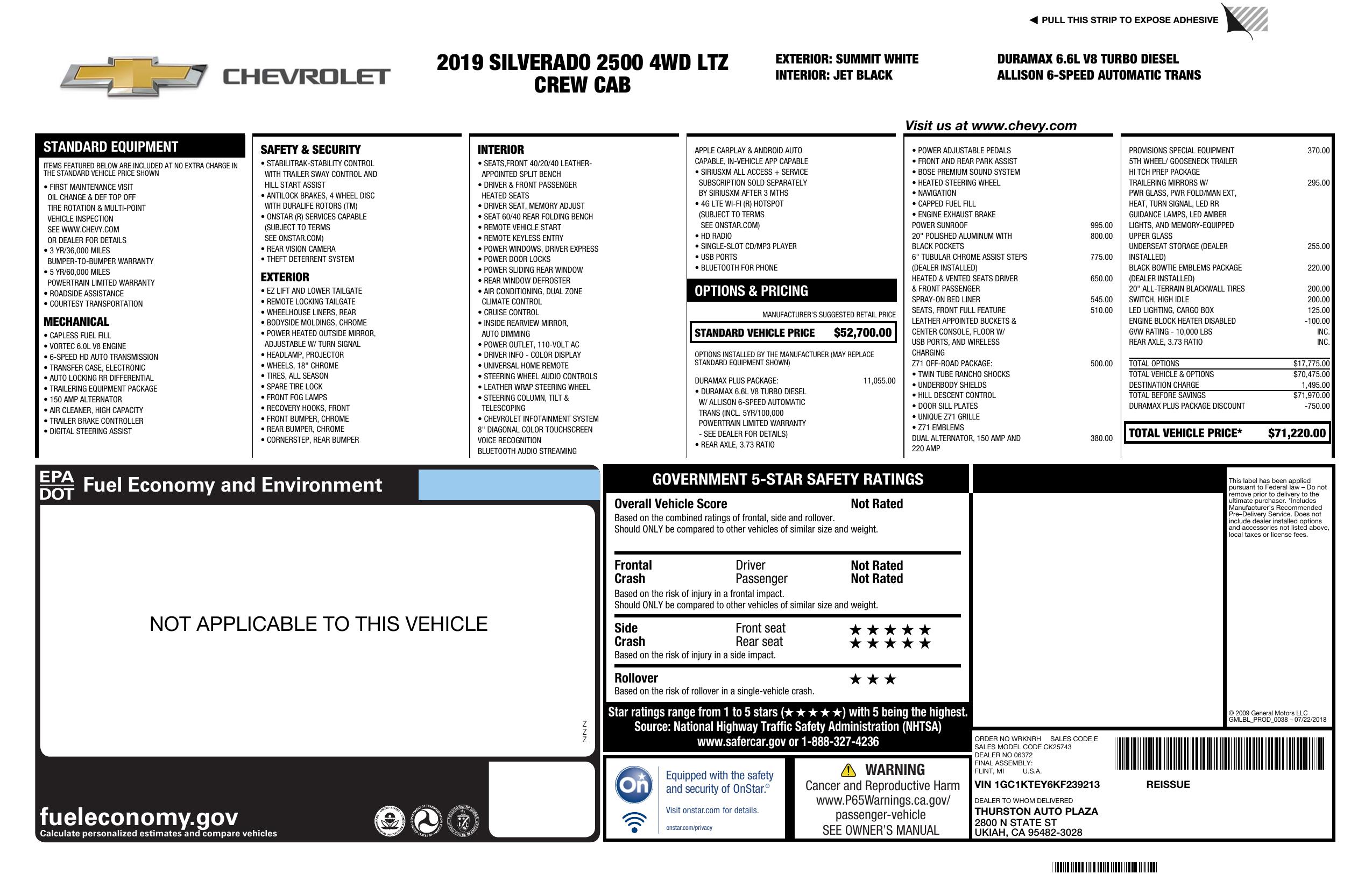 Window Sticker for 2019 Chevrolet Silverado 2500 Hd 4 Wd Crew Cab 153.7 ...