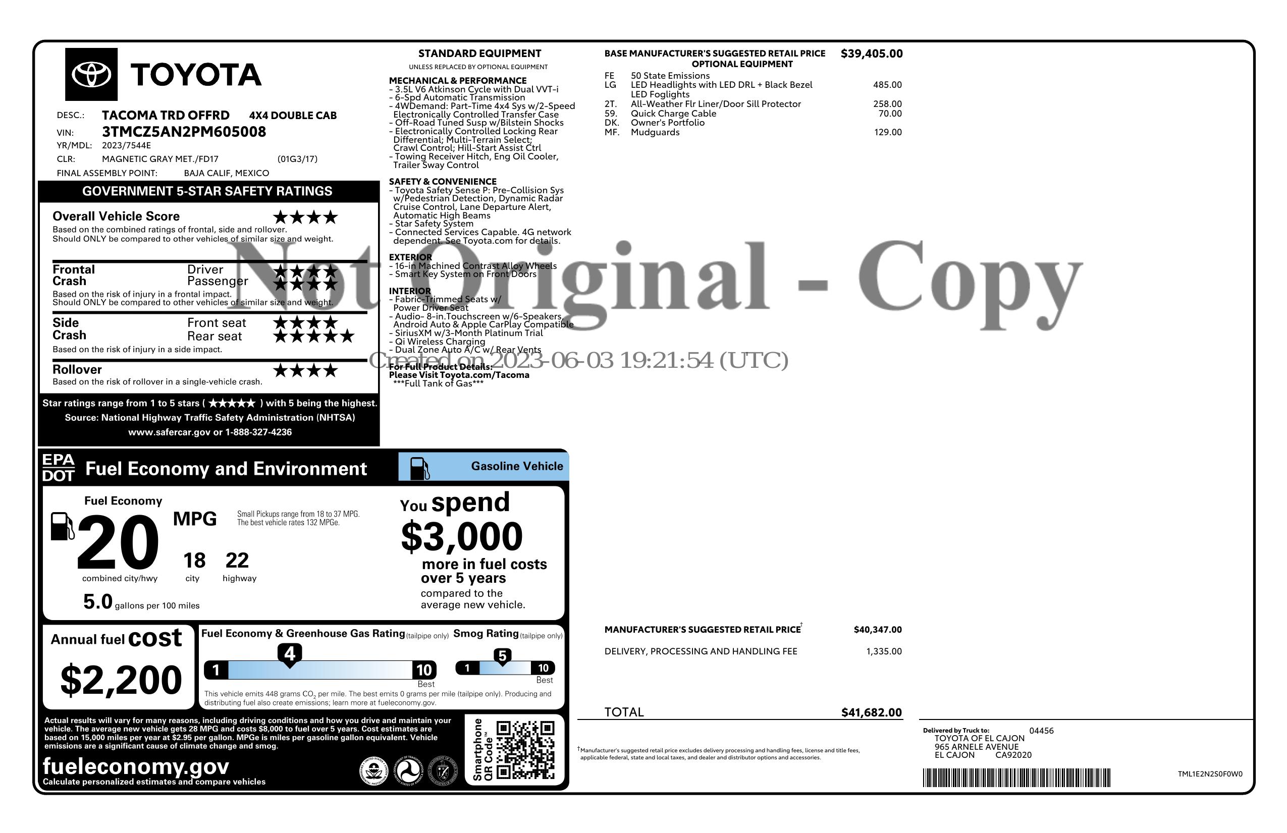Window Sticker for 2023 Toyota Tacoma 4 Wd Double Cab 5' Bed V6 (Natl)