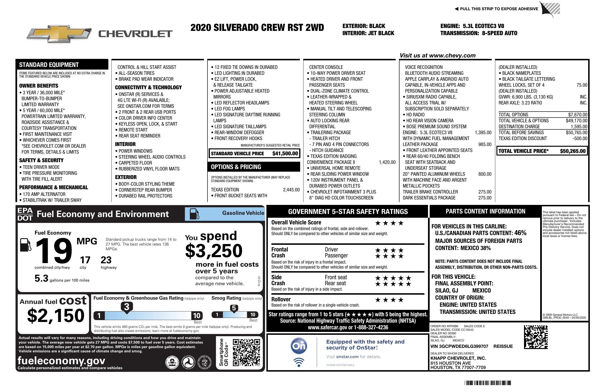 Window Sticker for 2020 Chevrolet Silverado 1500 2 Wd Crew Cab 147" Rst