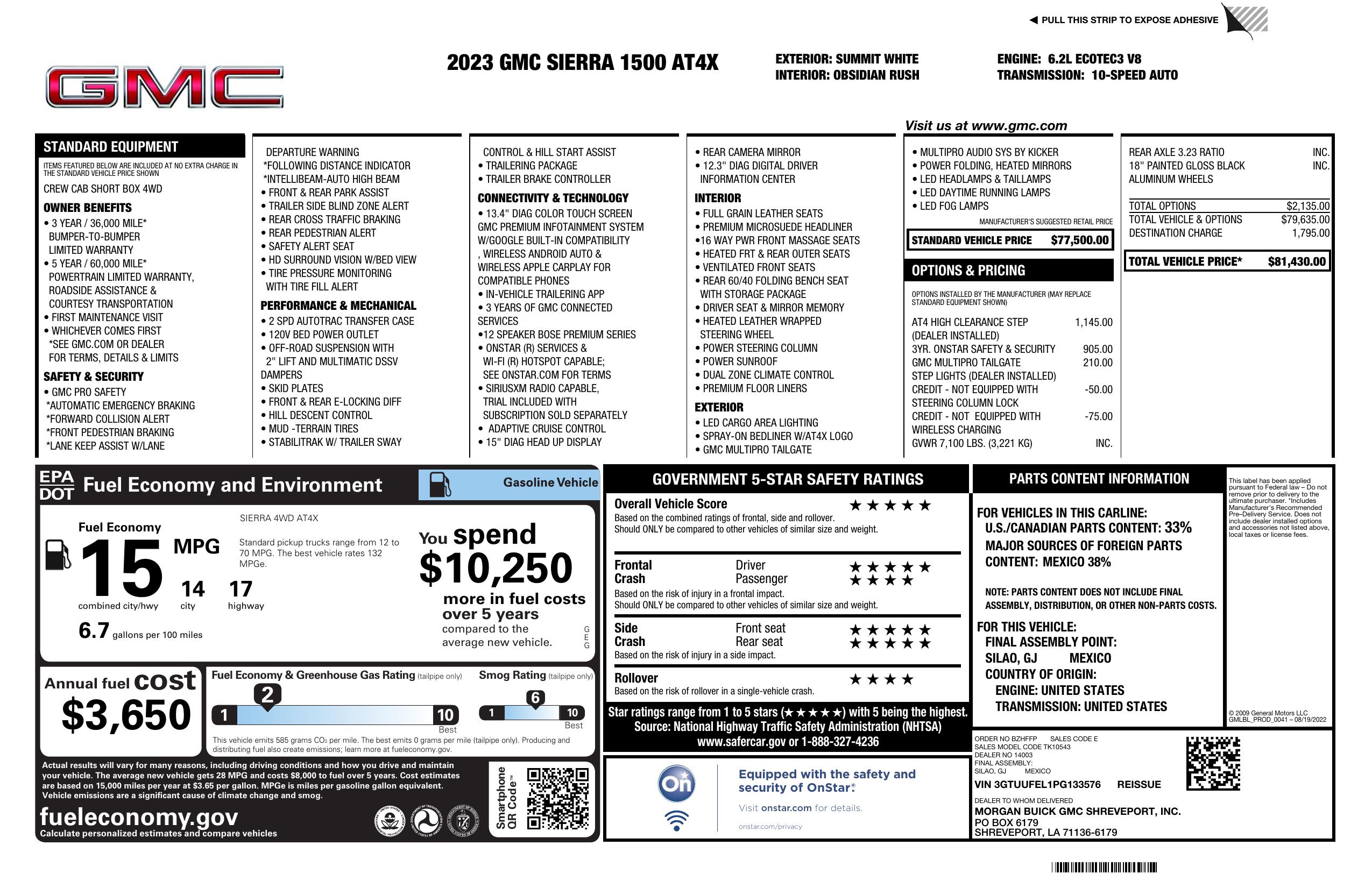 Window Sticker for 2023 GMC Sierra 1500 4 Wd Crew Cab 147" At4 X