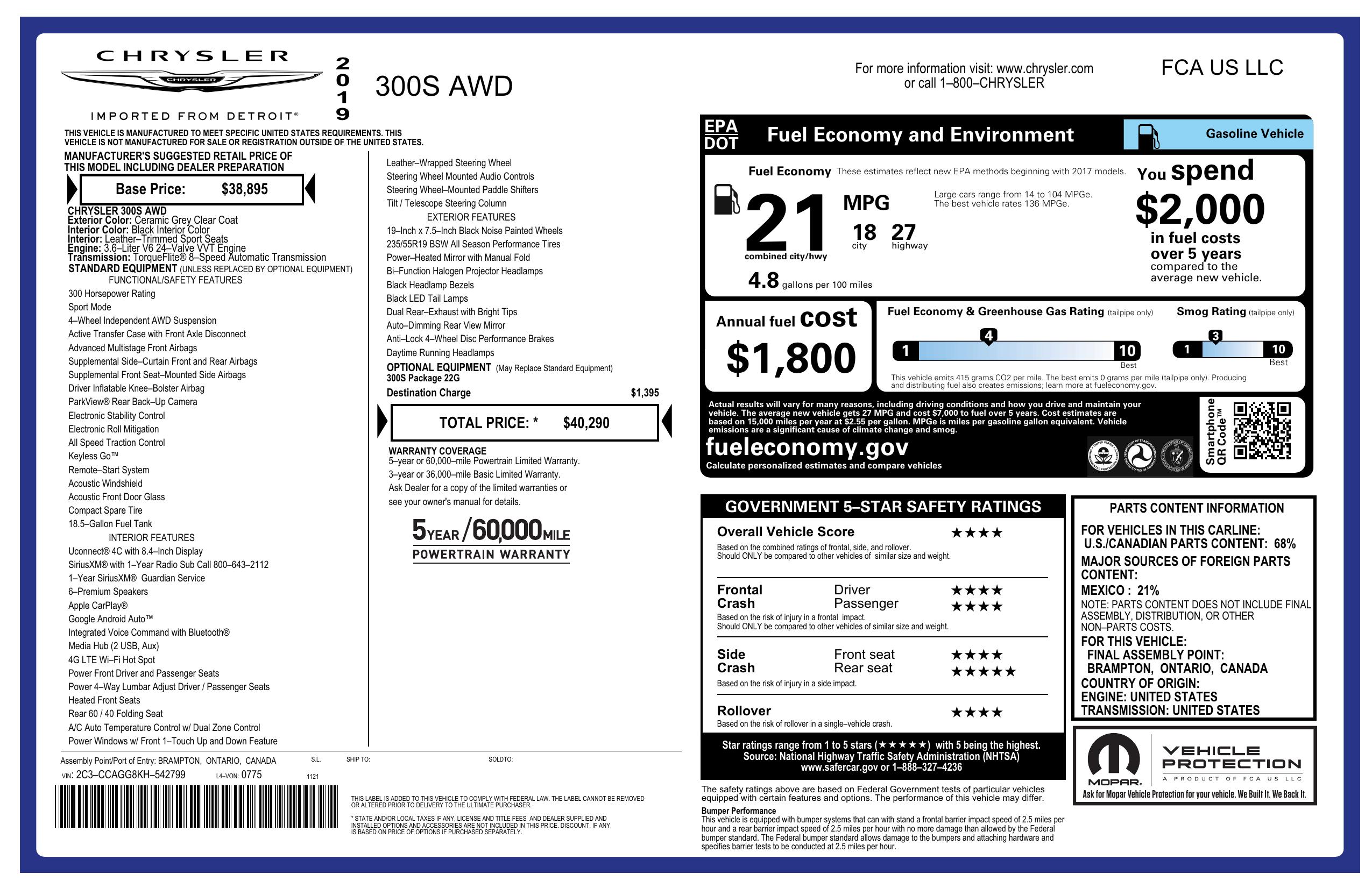 Window Sticker for 2019 Chrysler 300 300 S Awd