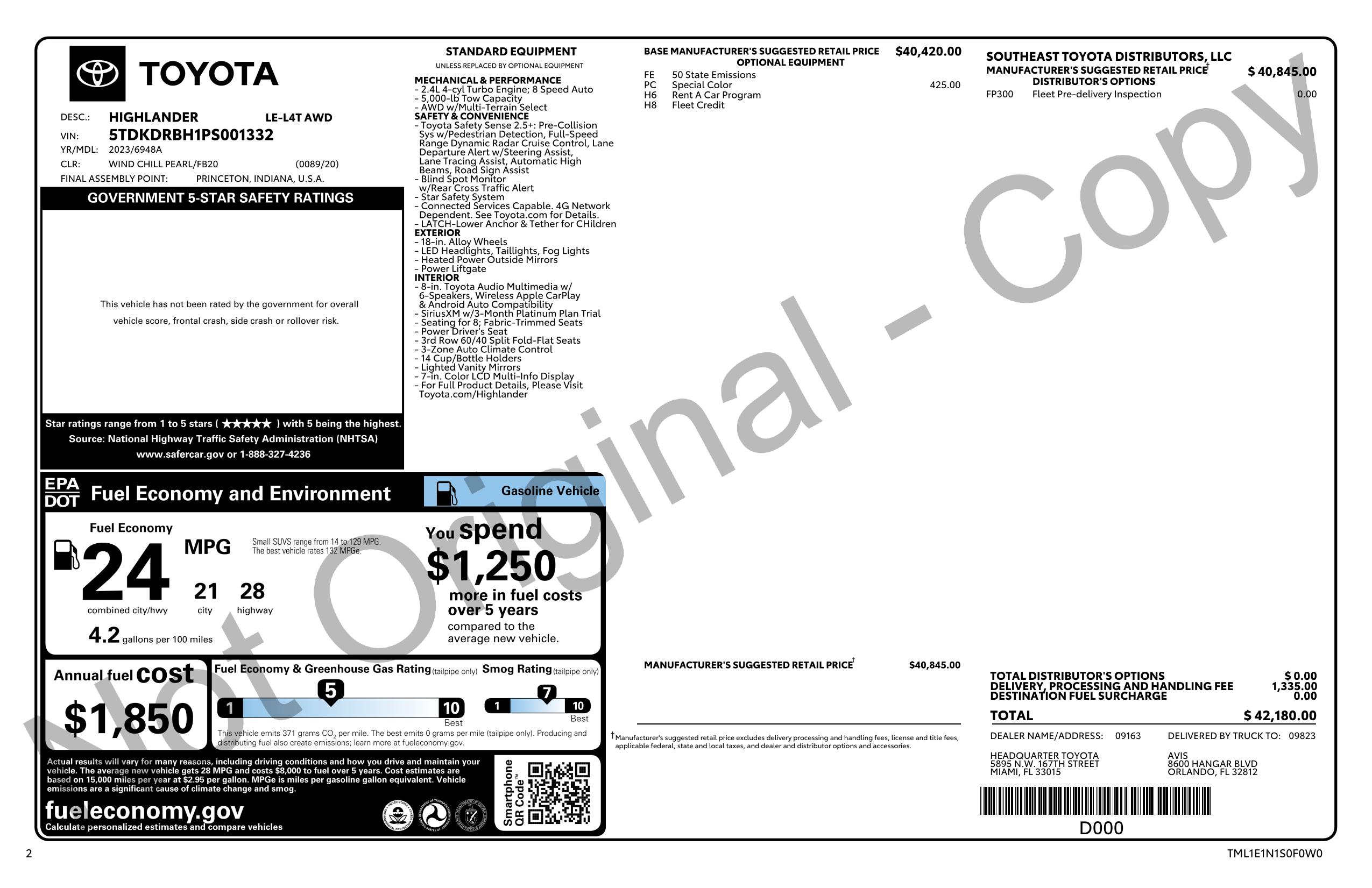 Window Sticker for 2023 Toyota Highlander Awd (Natl)