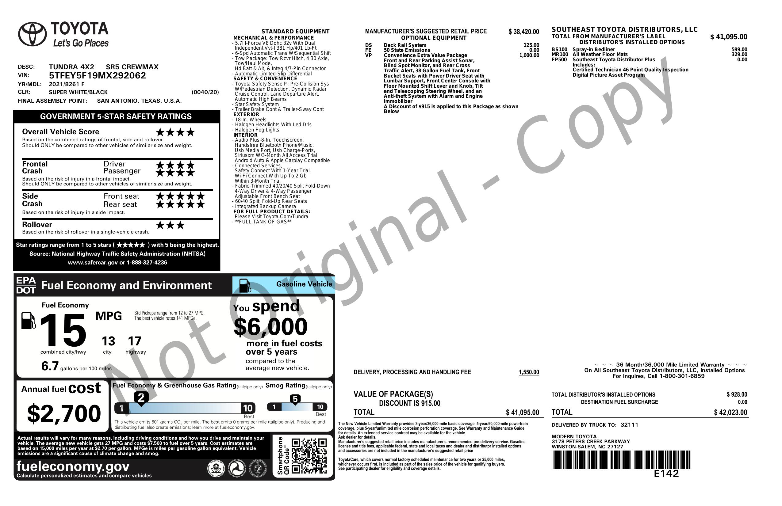 Window Sticker for 2021 Toyota Tundra 2 Wd Sr5 Crew Max 5.5' Bed 5.7 L ...