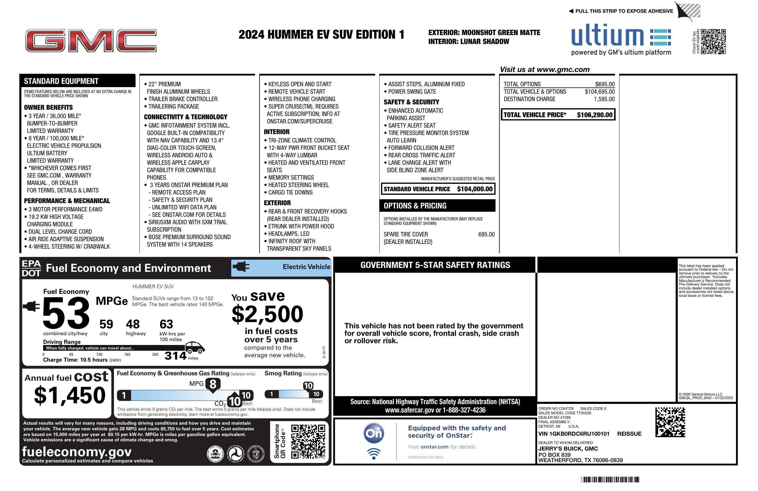 Window Sticker for 2024 GMC Hummer Ev Suv E4 Wd 4dr 3 X