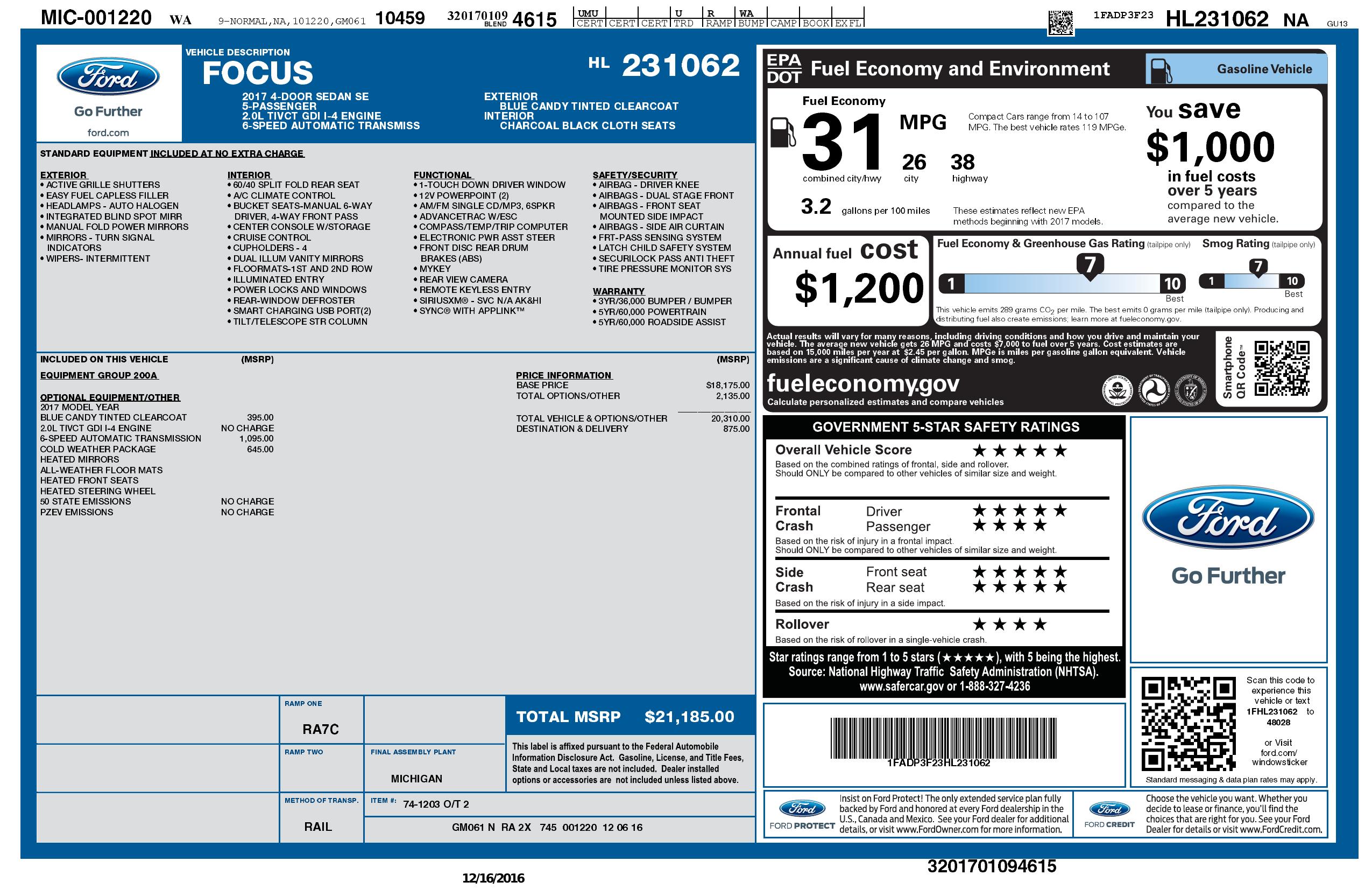Window Sticker for 2017 Ford Focus Se Sedan
