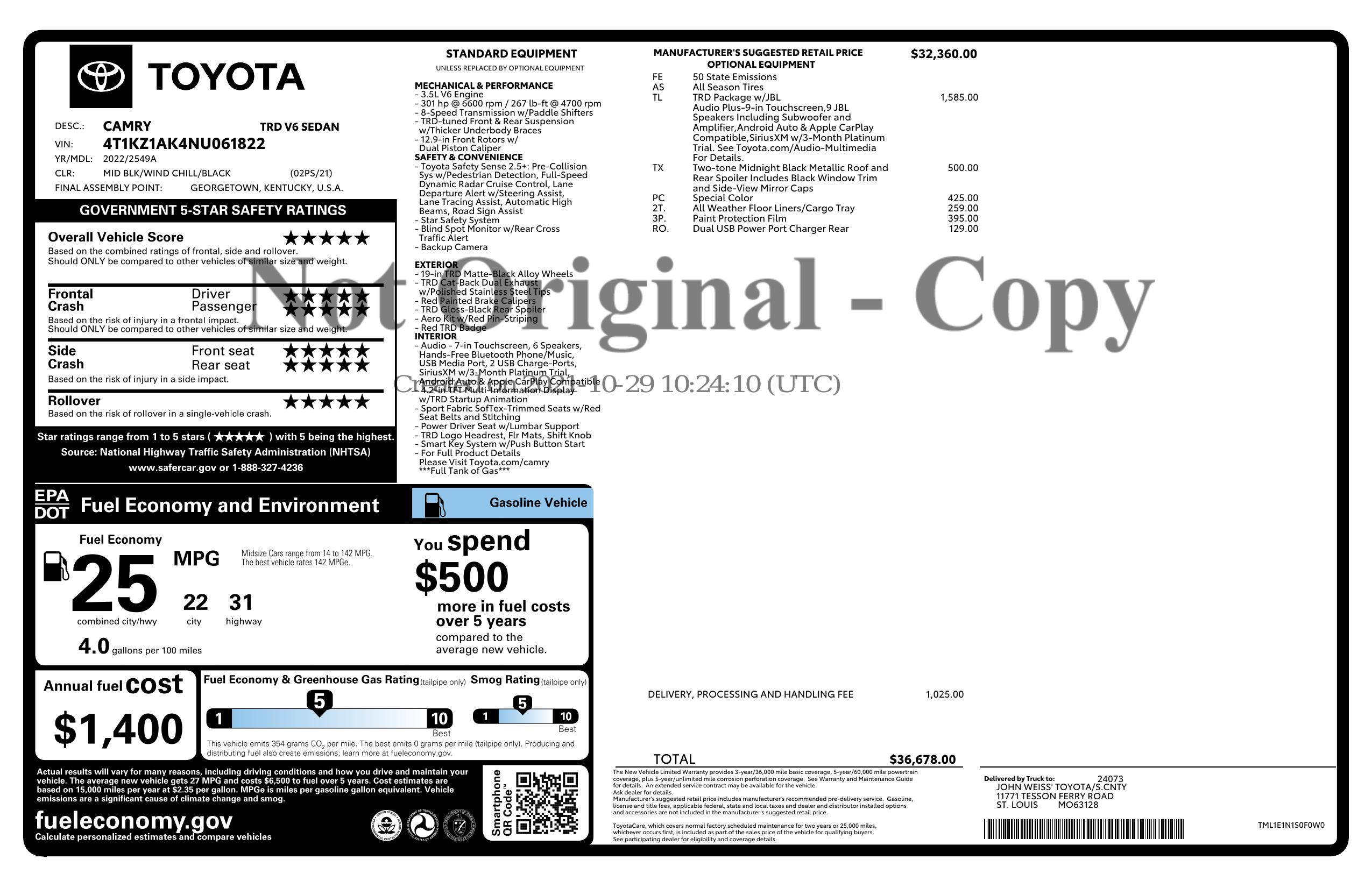 Window Sticker for 2022 Toyota Camry V6 Auto (Natl)