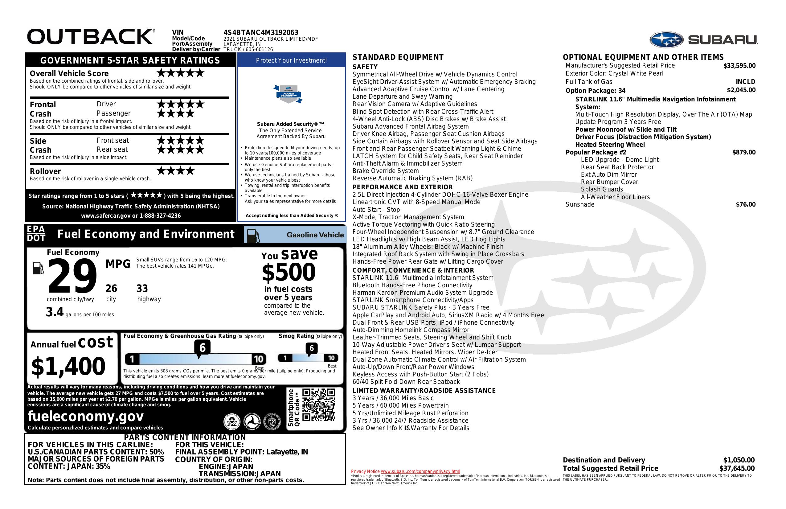 Window Sticker for 2021 Subaru Outback Limited Cvt