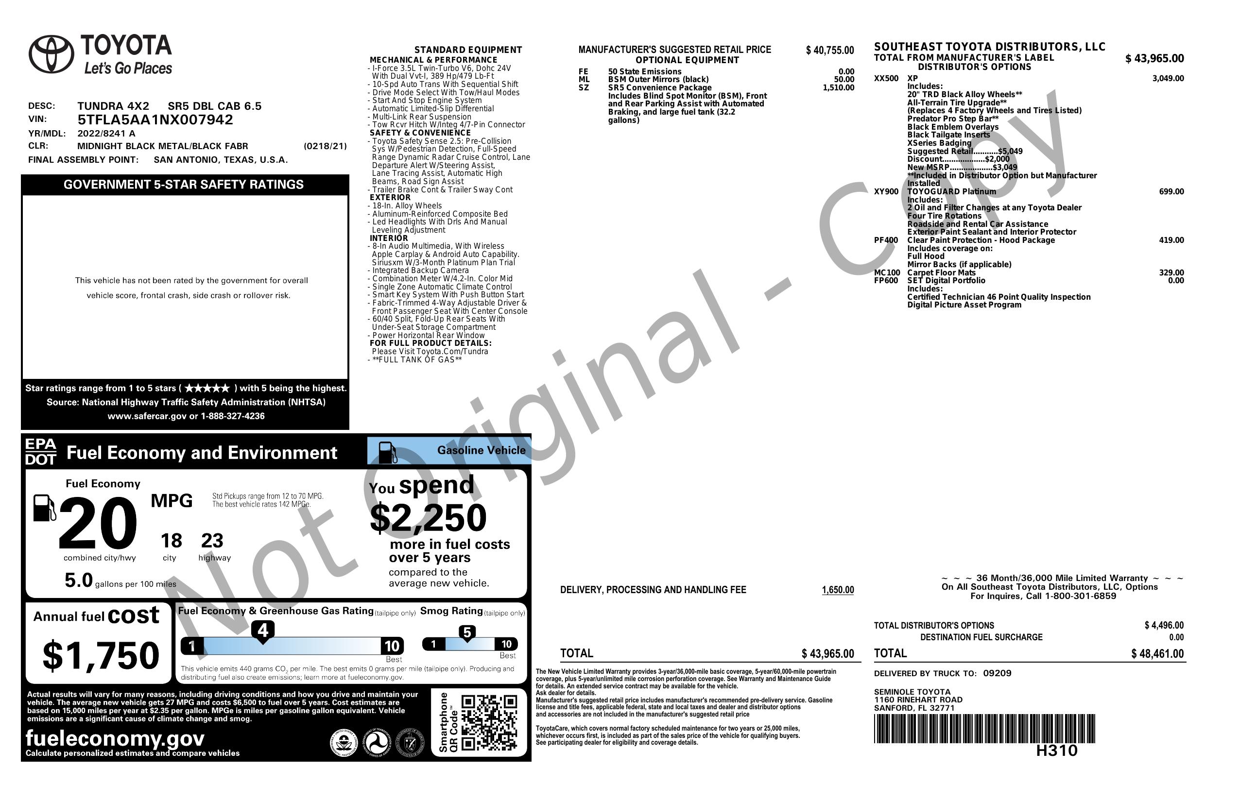 Window Sticker for 2022 Toyota Tundra 2 Wd Sr5 Double Cab 6.5' Bed (Natl)