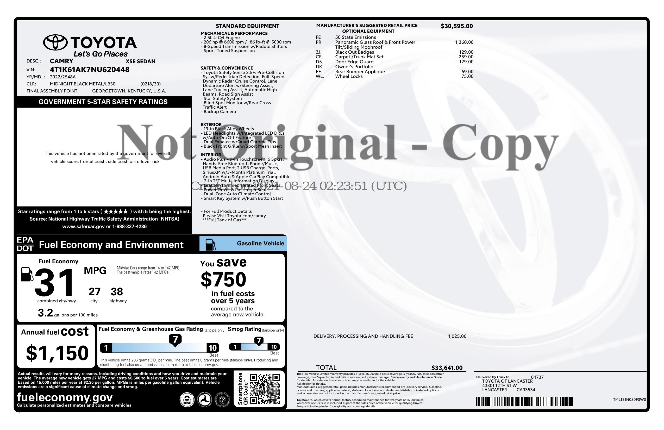 Window Sticker for 2022 Toyota Camry Xse Auto (Natl)