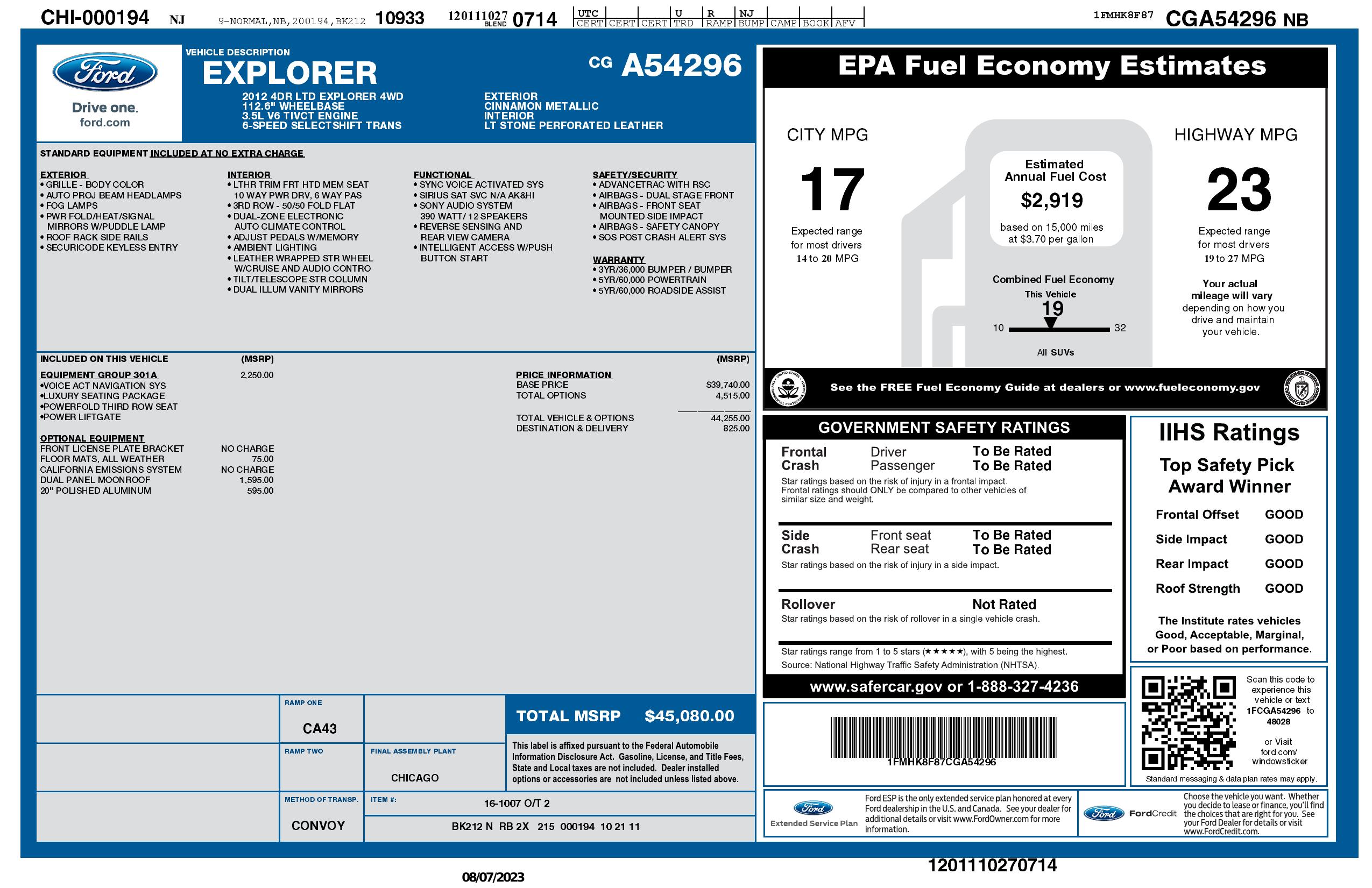 Window Sticker for 2012 Ford Explorer 4 Wd 4dr Limited