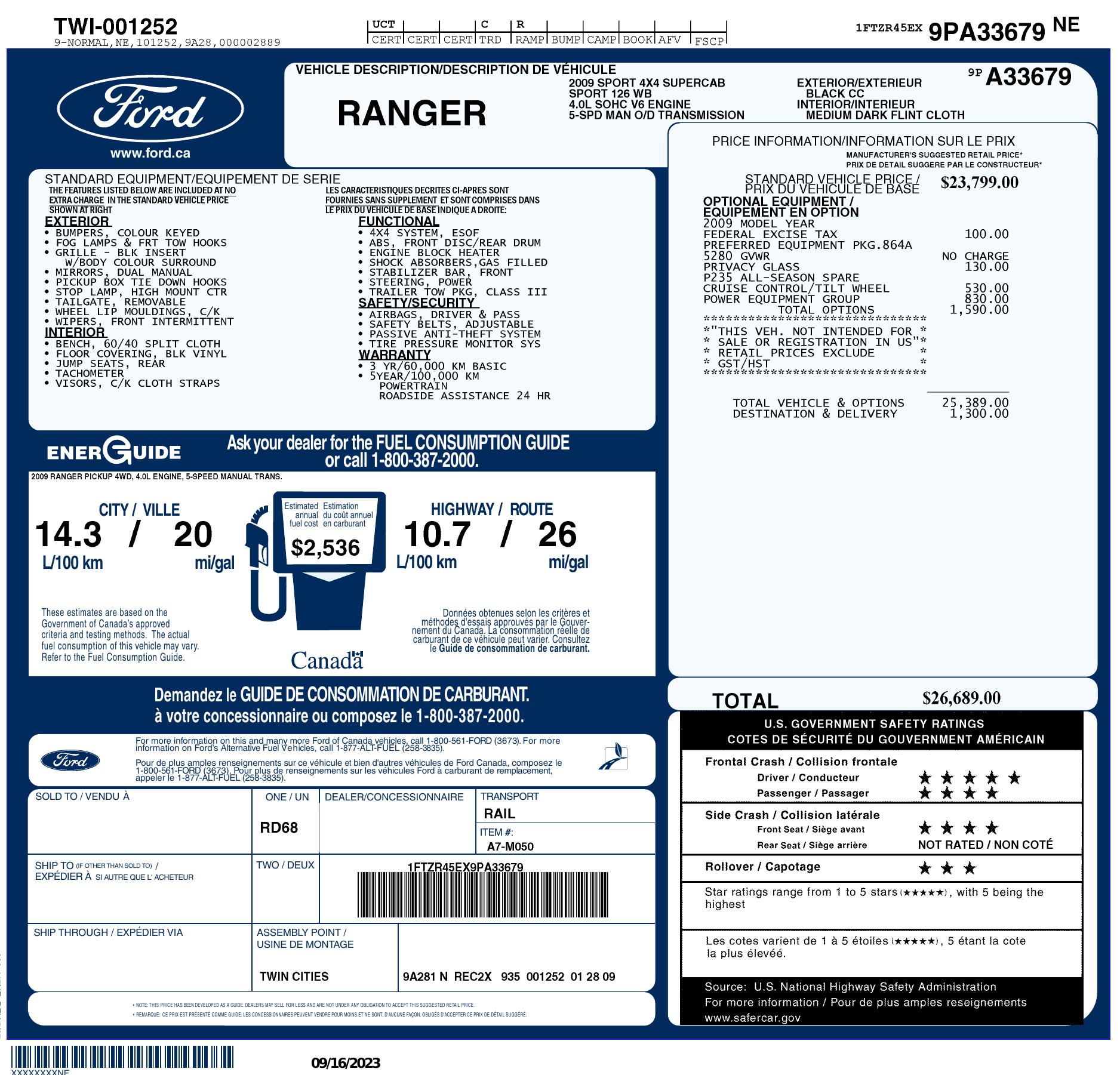 Window Sticker for 2009 Ford Ranger 4 Wd 4dr Super Cab 126"