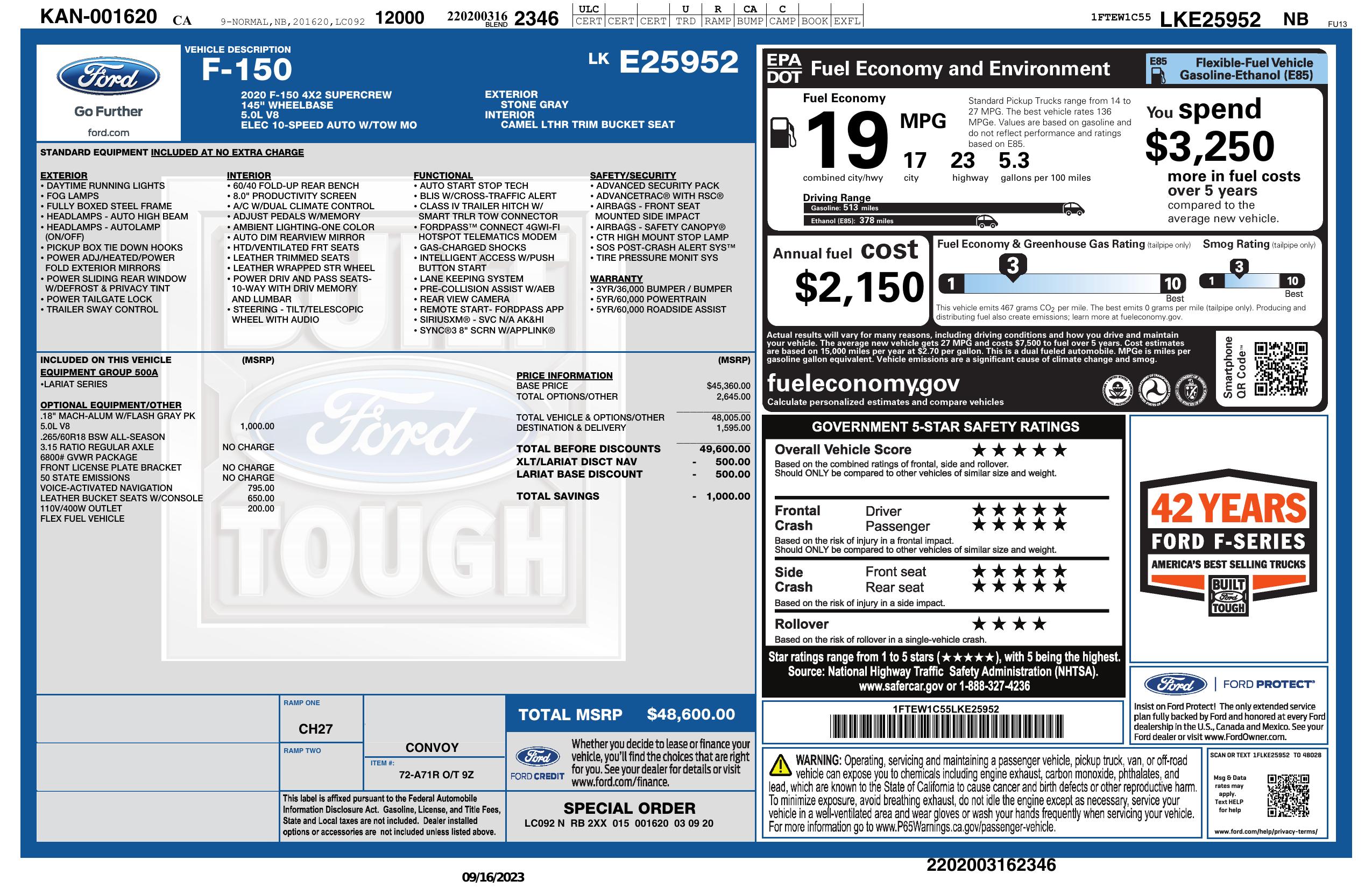 Window Sticker for 2020 Ford F 150 2 Wd Super Crew Box