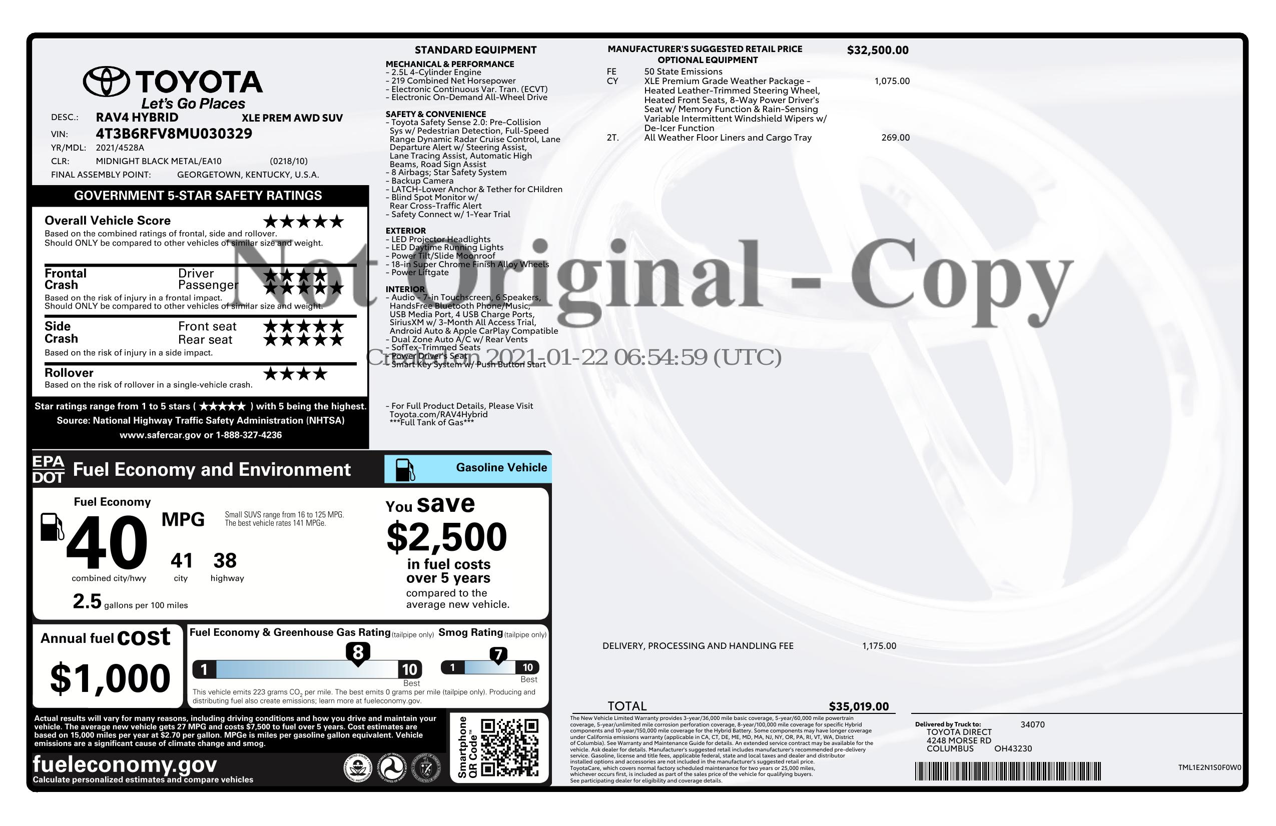 Window Sticker for 2021 Toyota Rav4 Hybrid Xle Premium Awd (Natl)