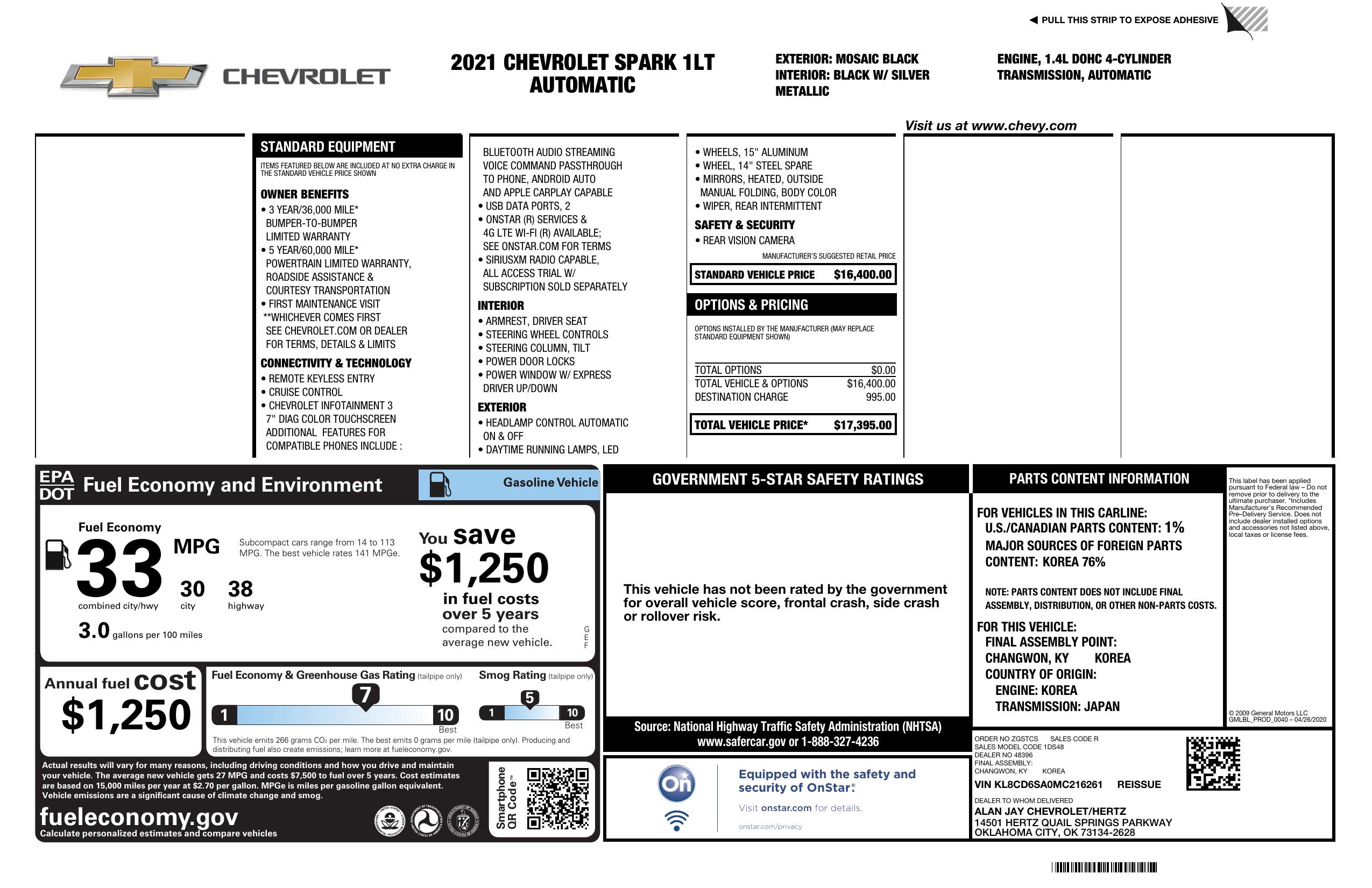 Window Sticker for 2021 Chevrolet Spark 4dr Hb Cvt 1 Lt
