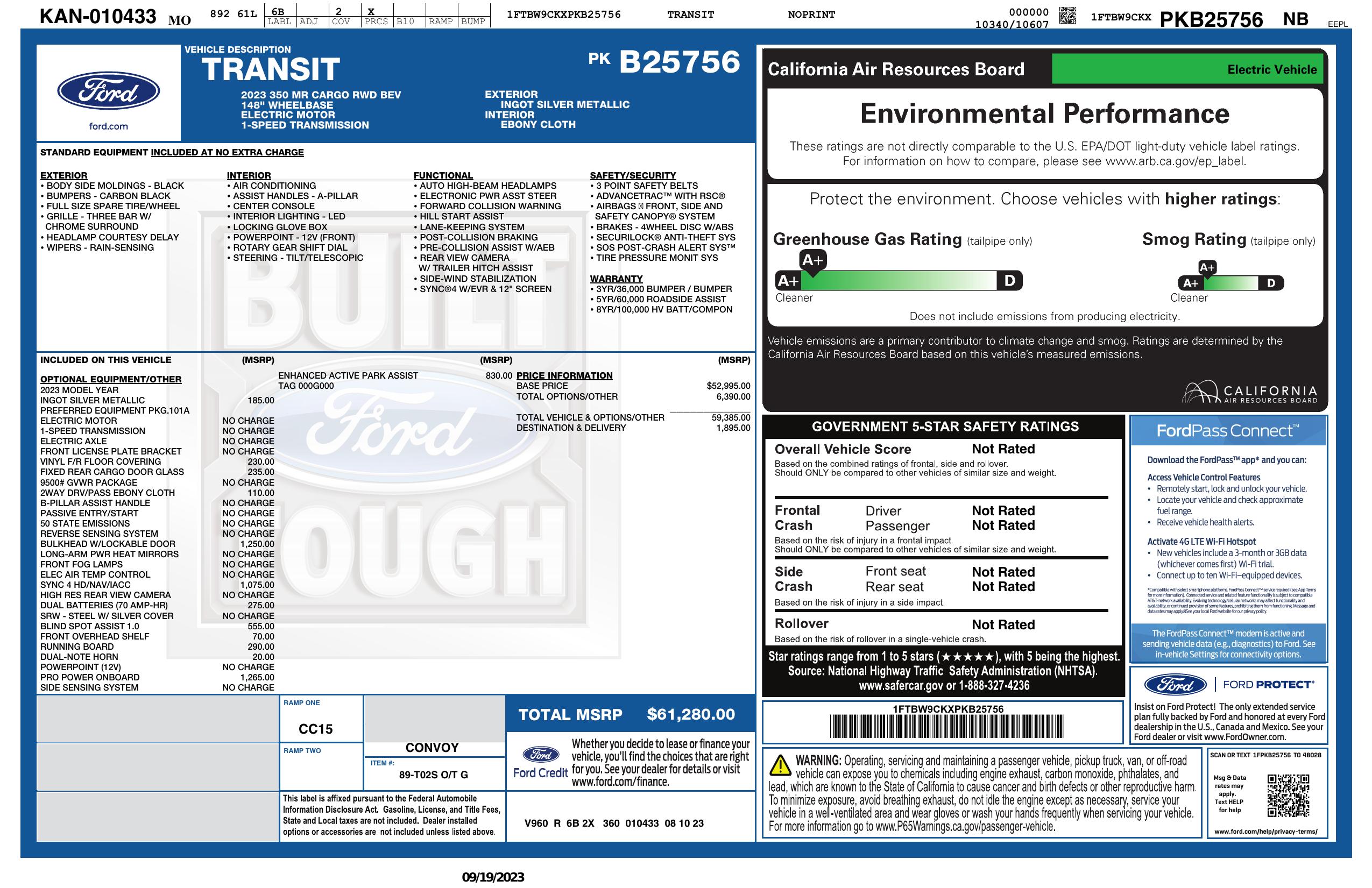 Window Sticker for 2023 Ford E Transit Cargo Van T 350 Med Rf 9500 Gvwr Rwd