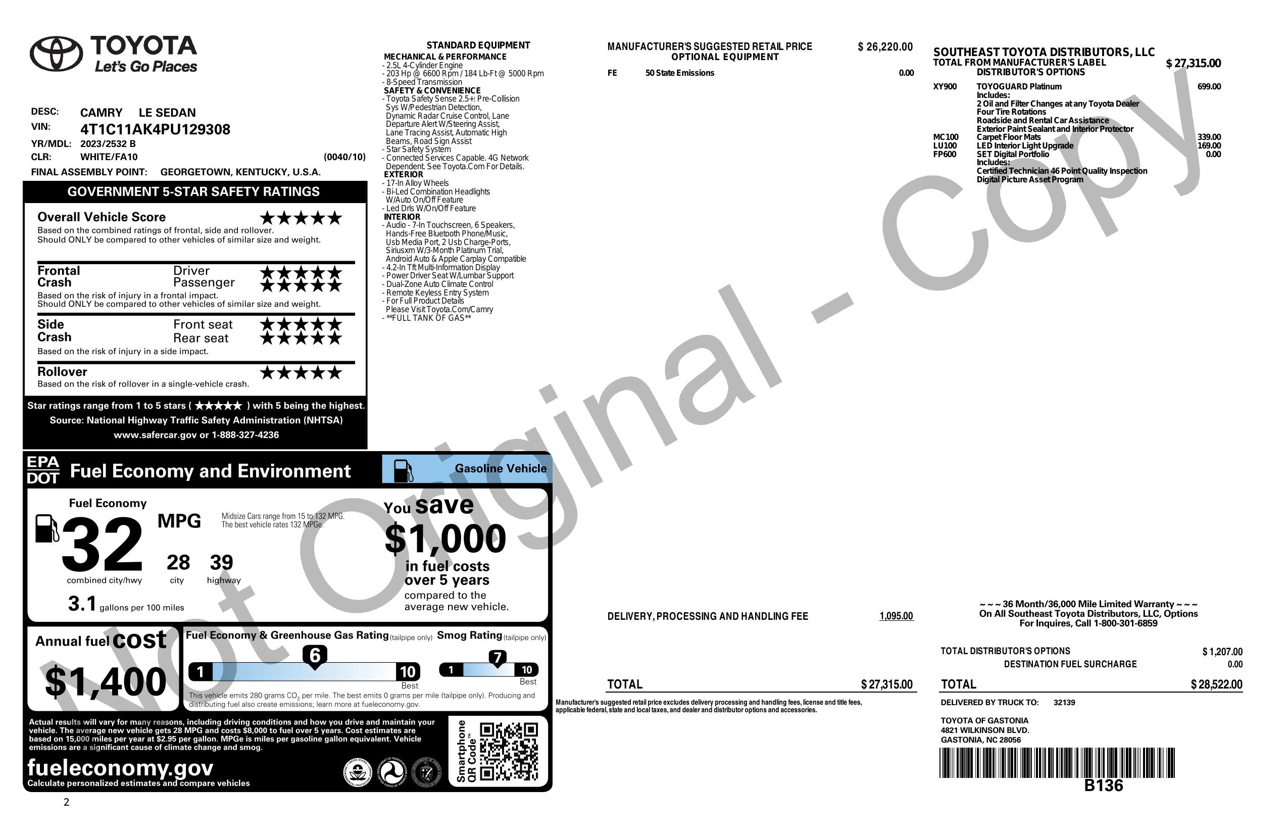 Window Sticker for 2023 Toyota Camry Le Auto (Natl)