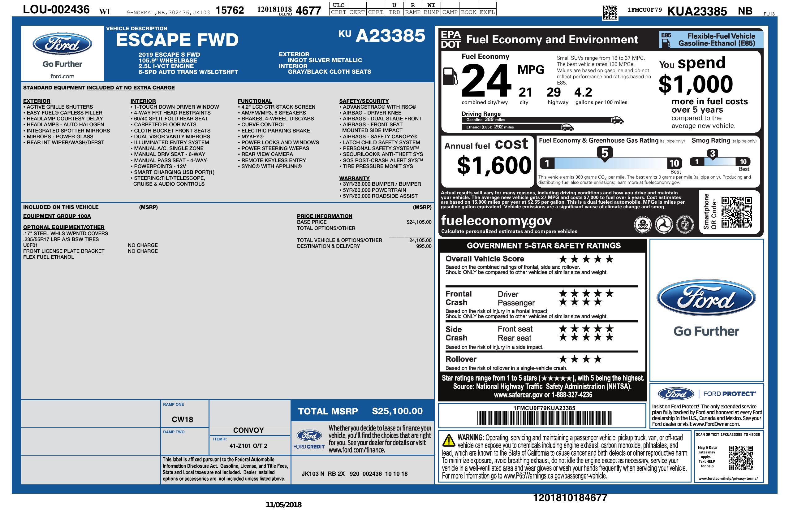 Window Sticker for 2019 Ford Escape S Fwd