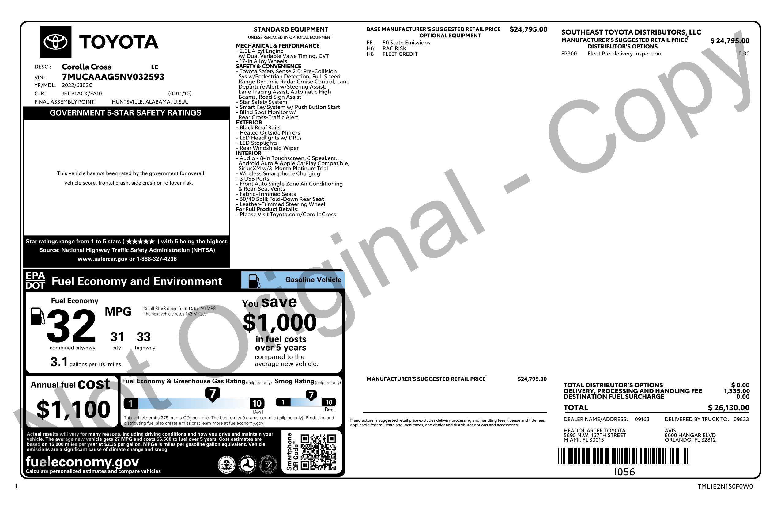 Window Sticker for 2022 Toyota Corolla Cross Le 2 Wd (Natl)