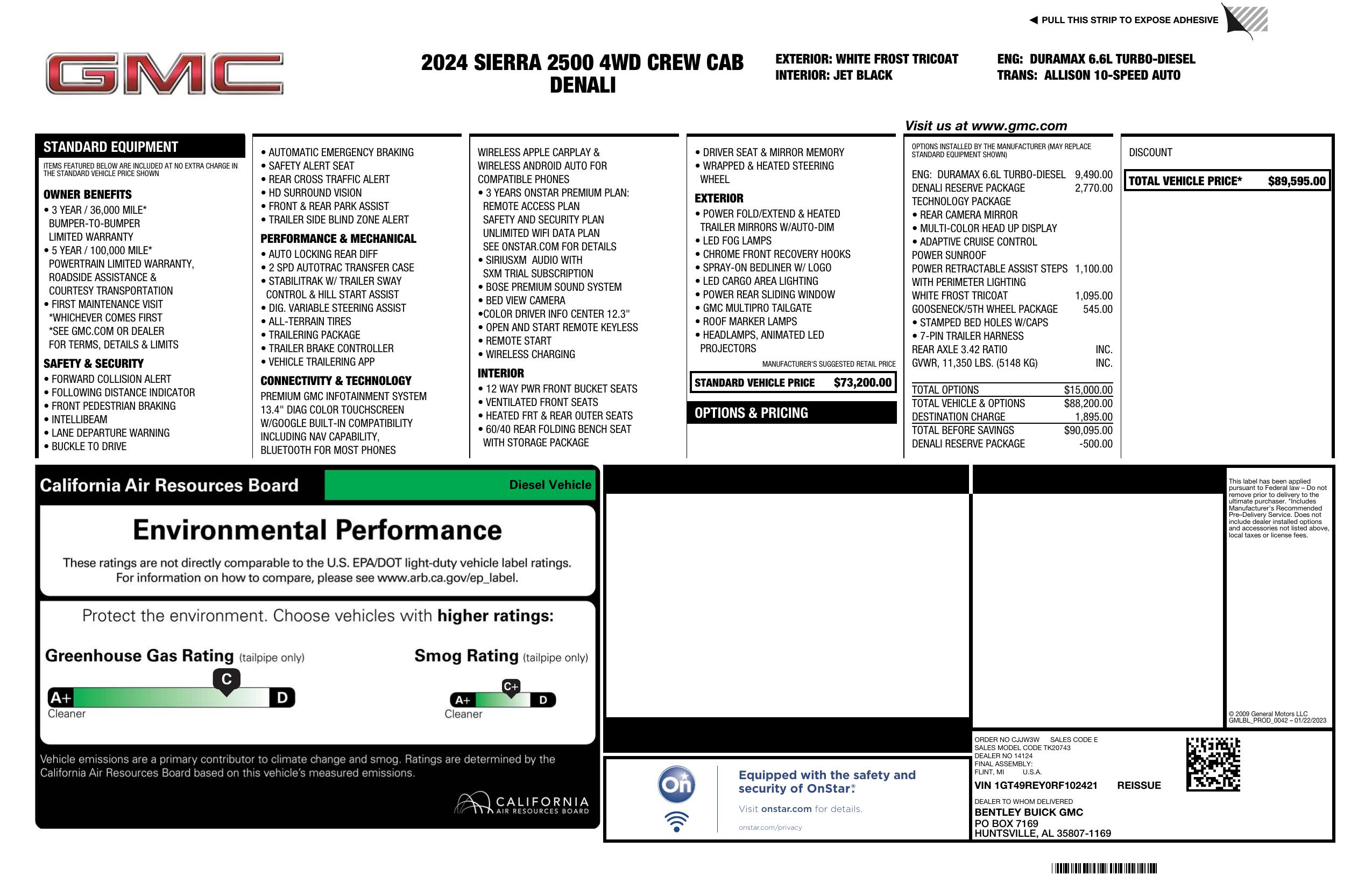 Window Sticker for 2024 GMC Sierra 2500 Hd 4 Wd Crew Cab 159" Denali