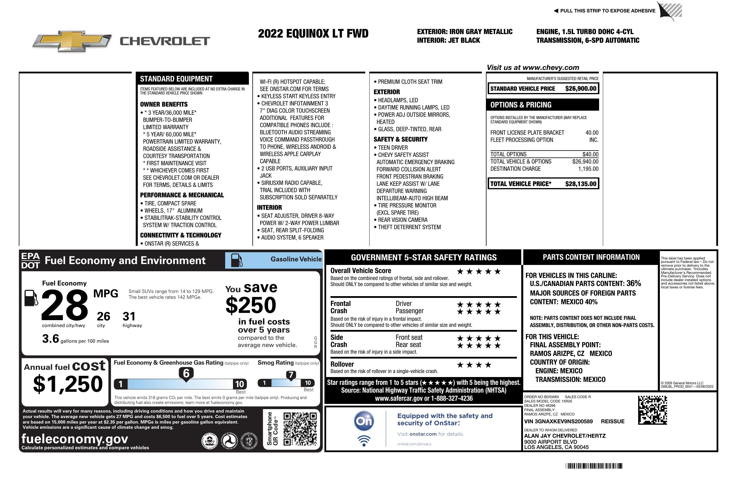 Window Sticker for 2022 Chevrolet Equinox Fwd 4dr Lt W/1 Lt