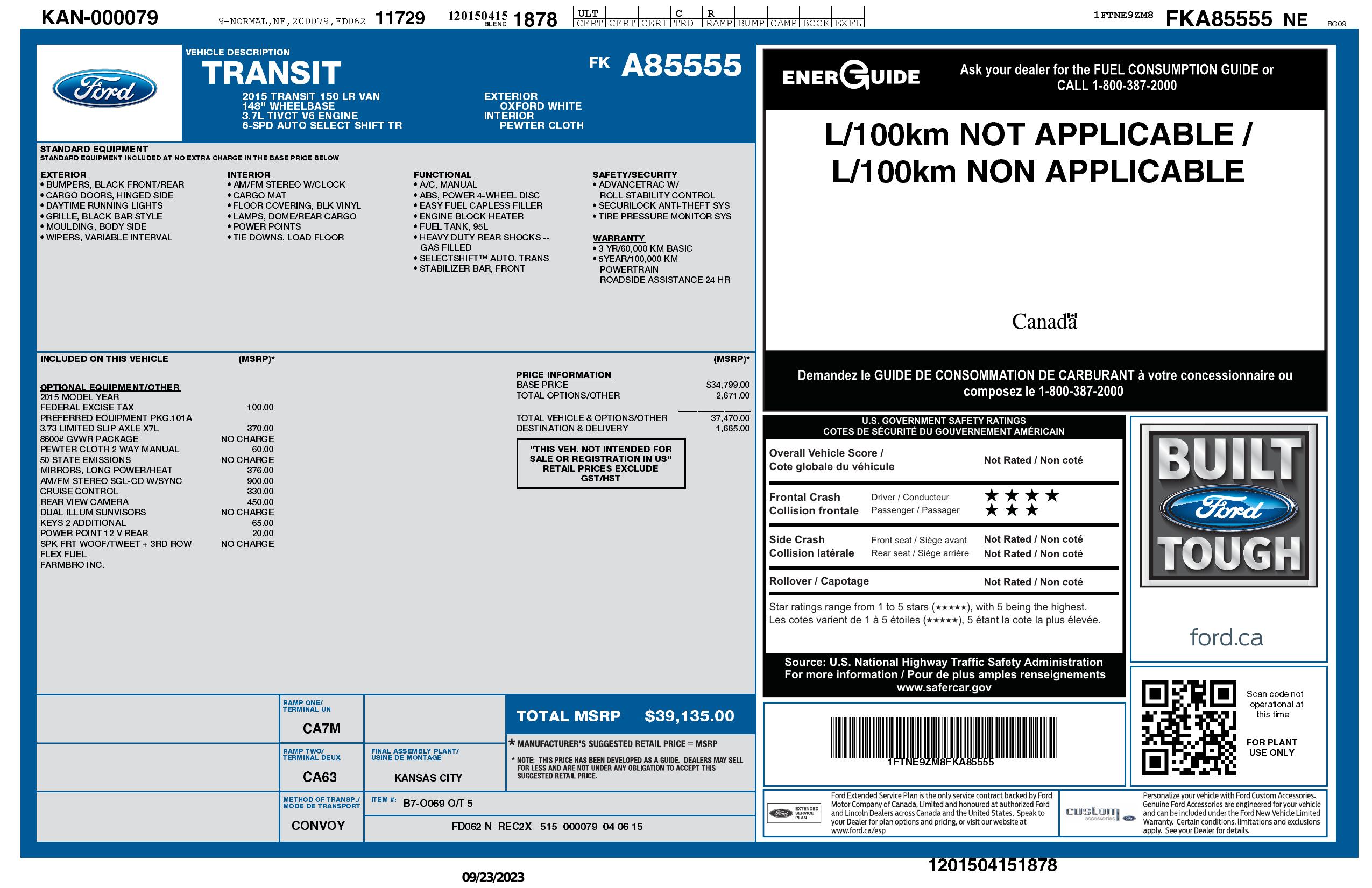 Window Sticker for 2015 Ford Transit Cargo Van T 150 148" Low Rf 8600 ...