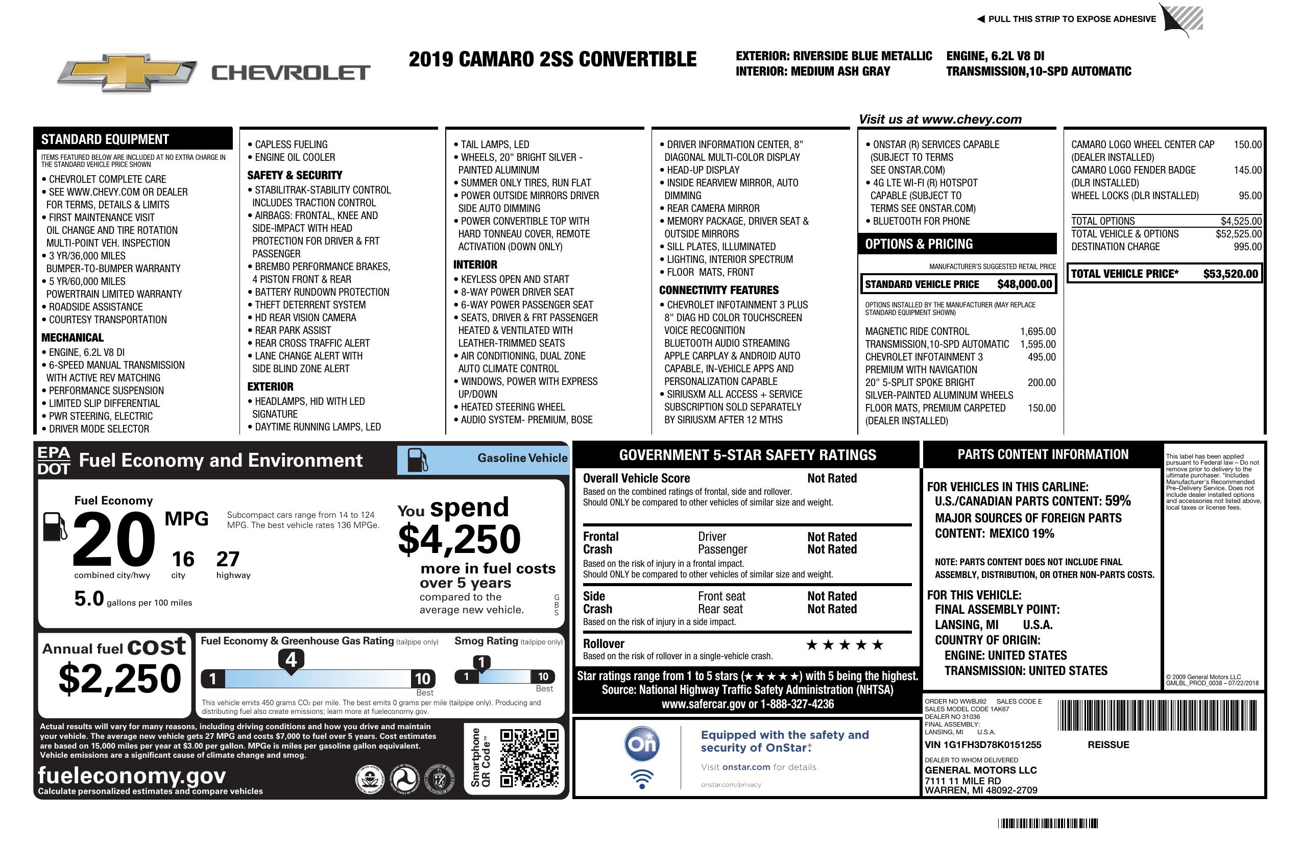 Window Sticker for 2019 Chevrolet Camaro 2dr Conv 2 Ss