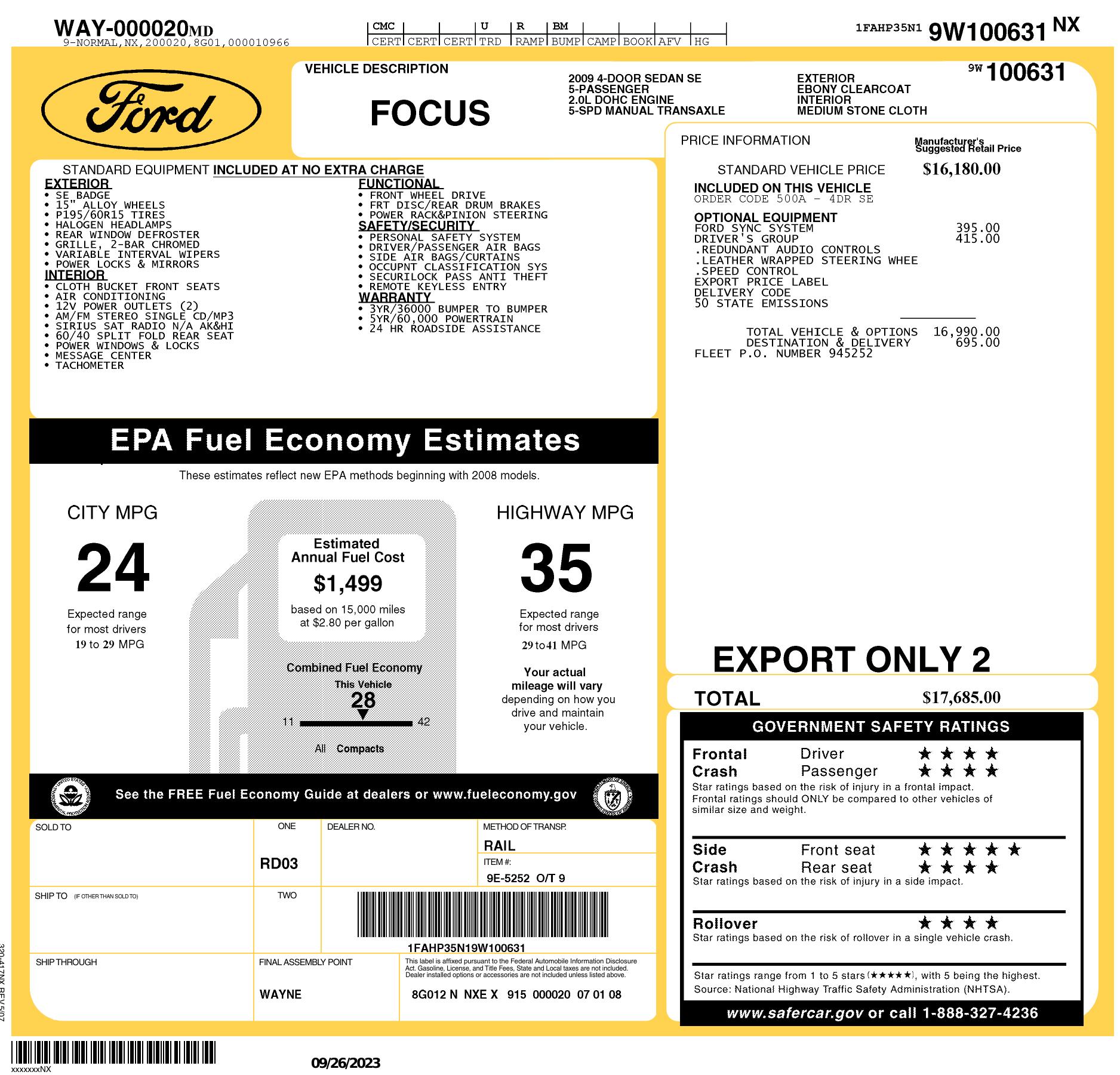 Window Sticker for 2009 Ford Focus 4dr Sdn Se