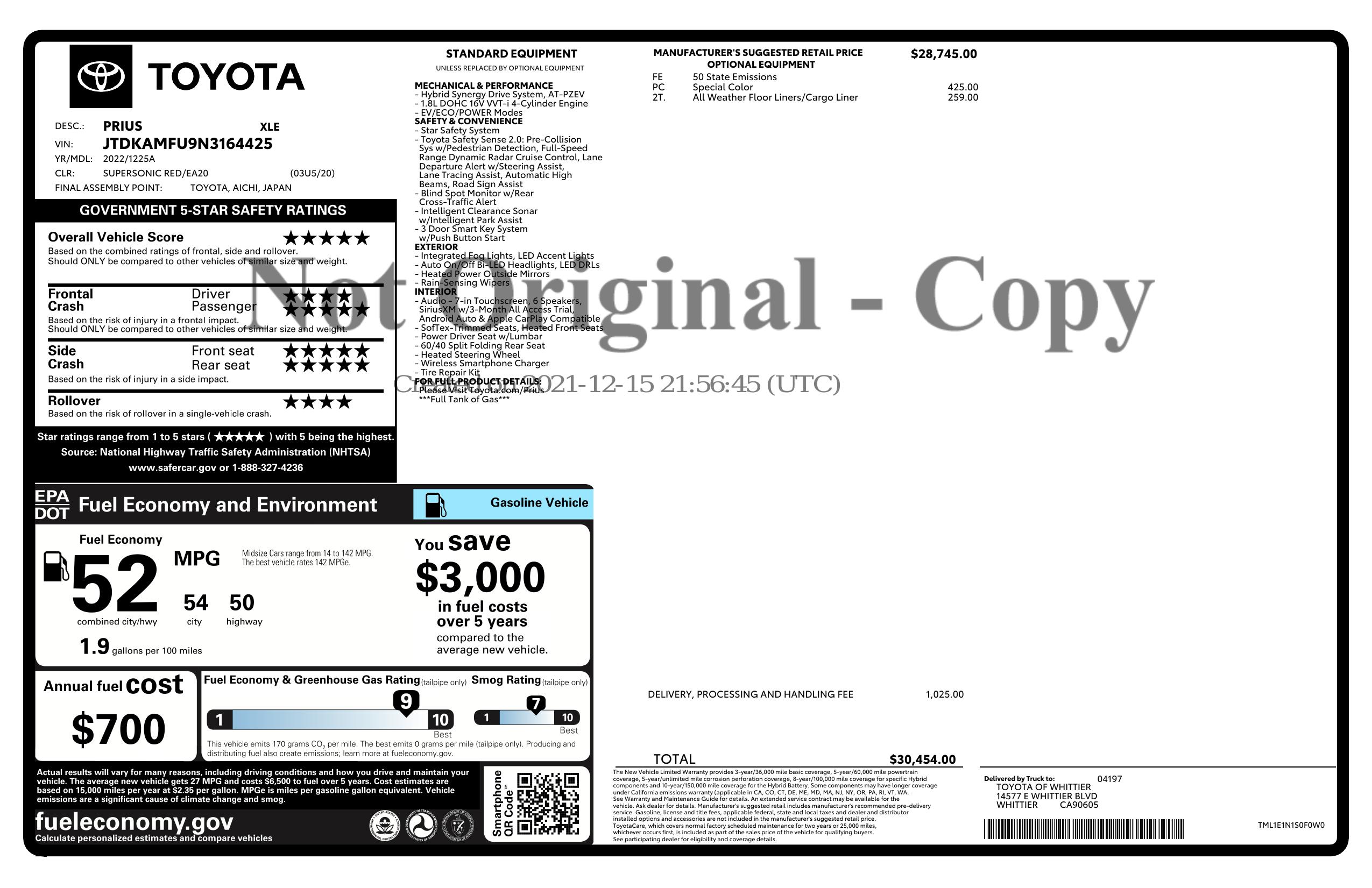 Window Sticker for 2022 Toyota Prius (Natl)