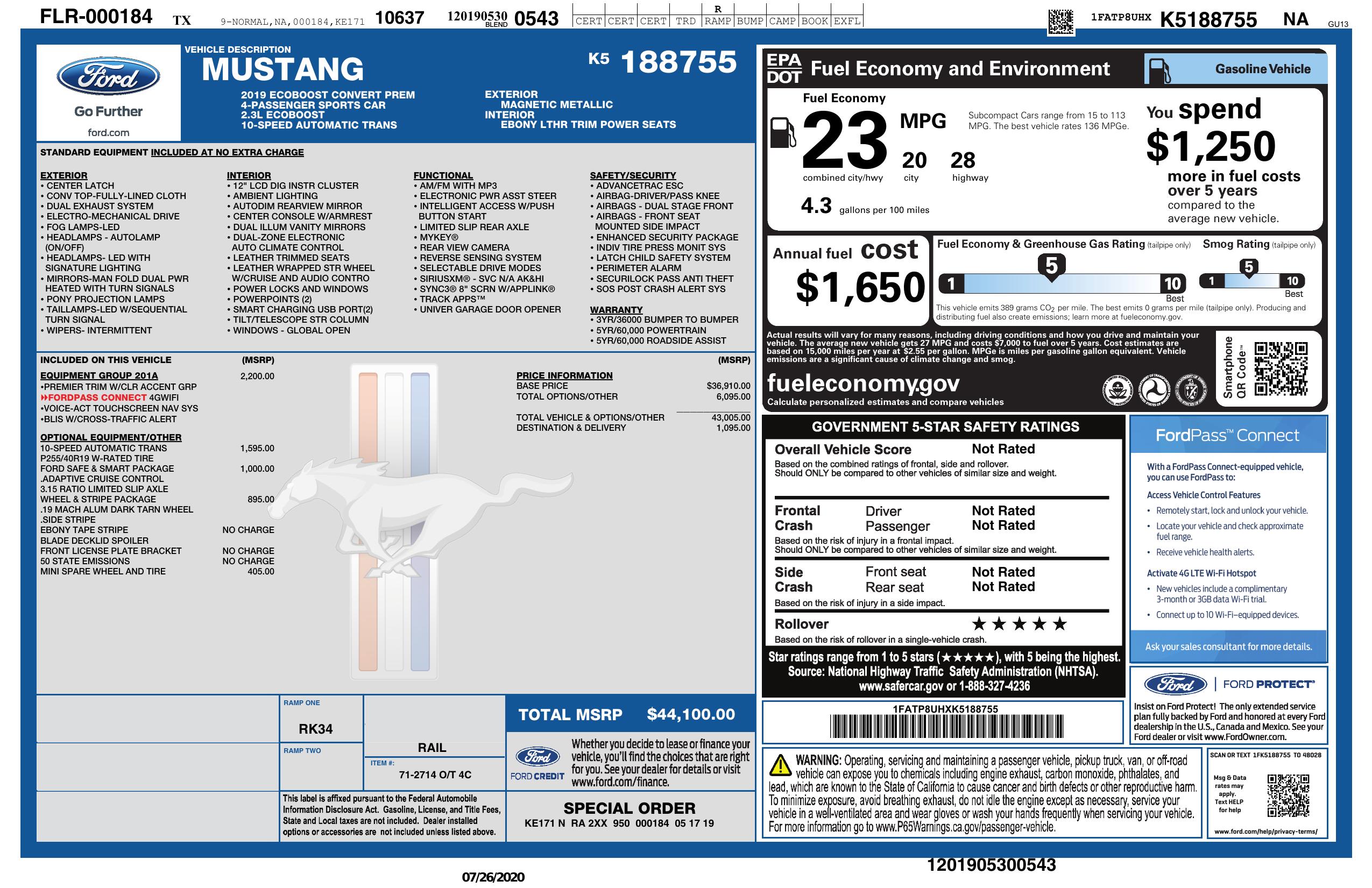 Window Sticker for 2019 Ford Mustang Eco Boost Convertible