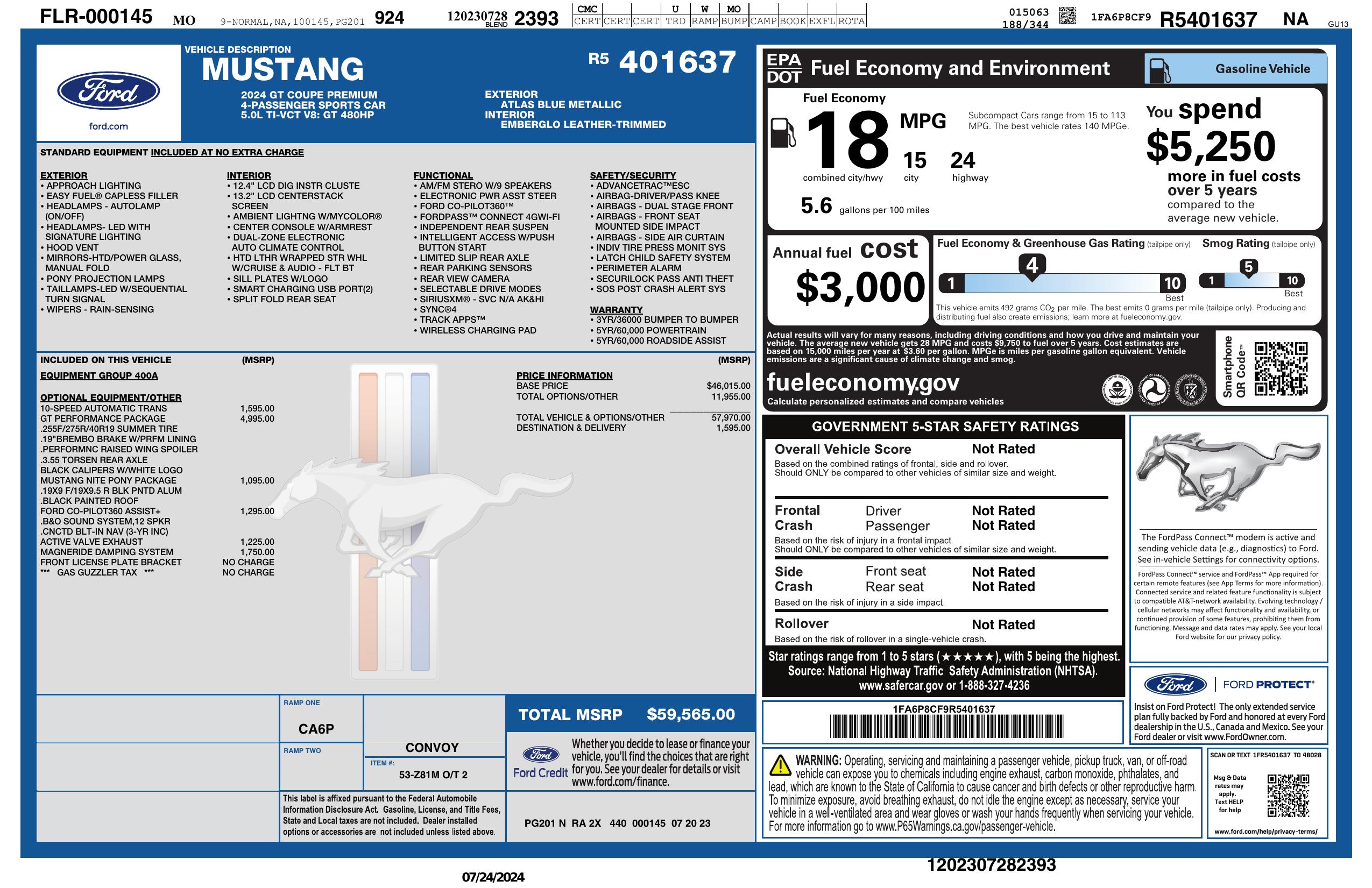 Window Sticker for 2024 Ford Mustang Gt Fastback