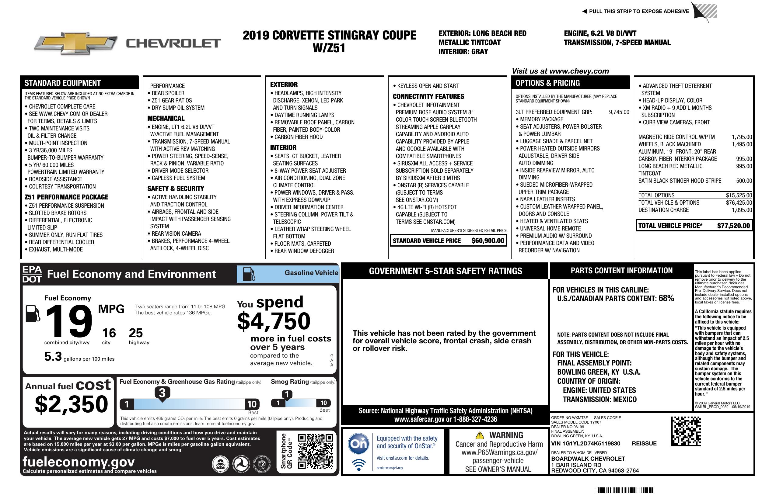 Window Sticker for 2019 Chevrolet Corvette 2dr Stingray Z51 Cpe W/3 Lt