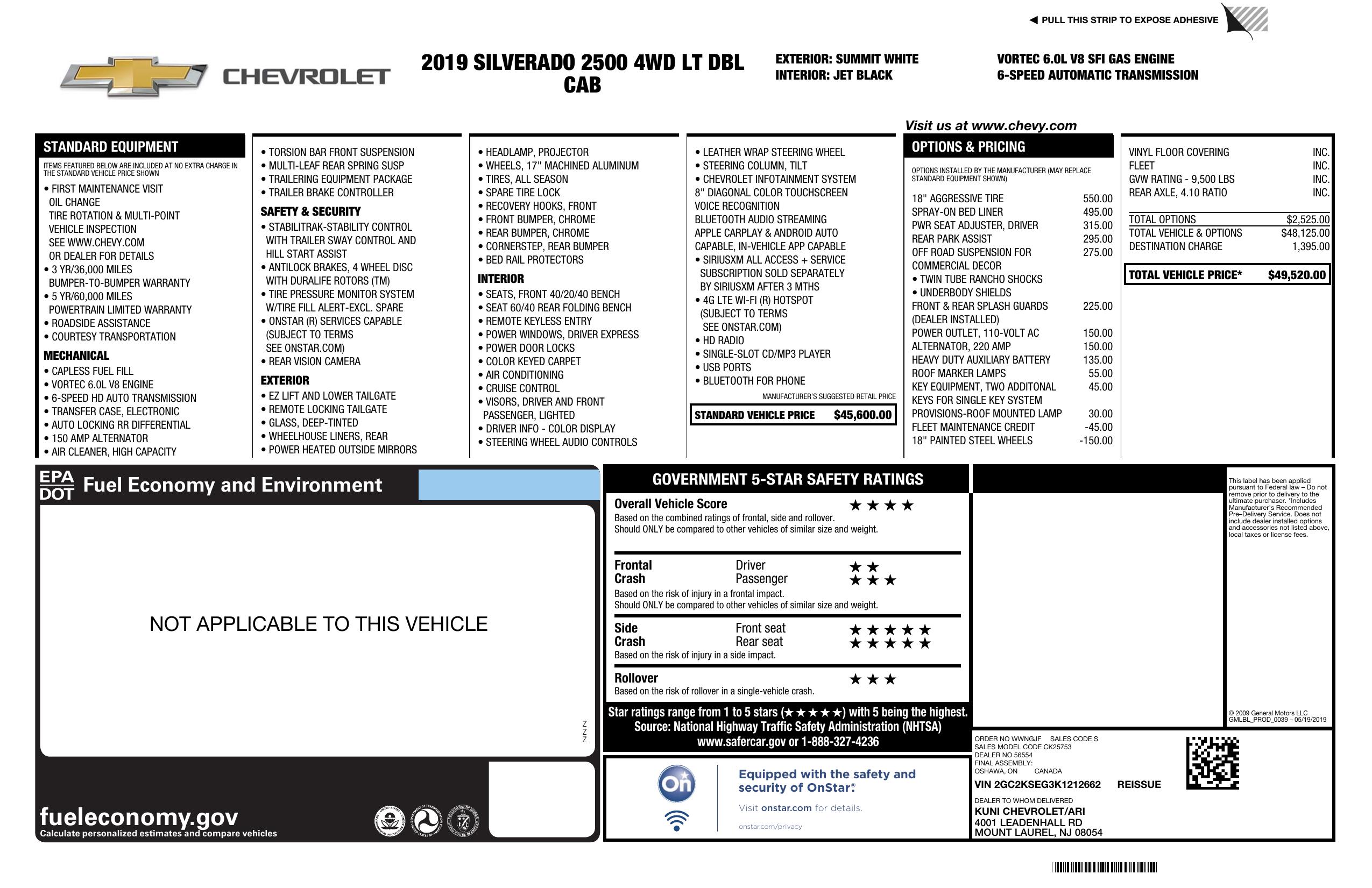 Window Sticker for 2019 Chevrolet Silverado 2500 Hd 4 Wd Double Cab 144 ...