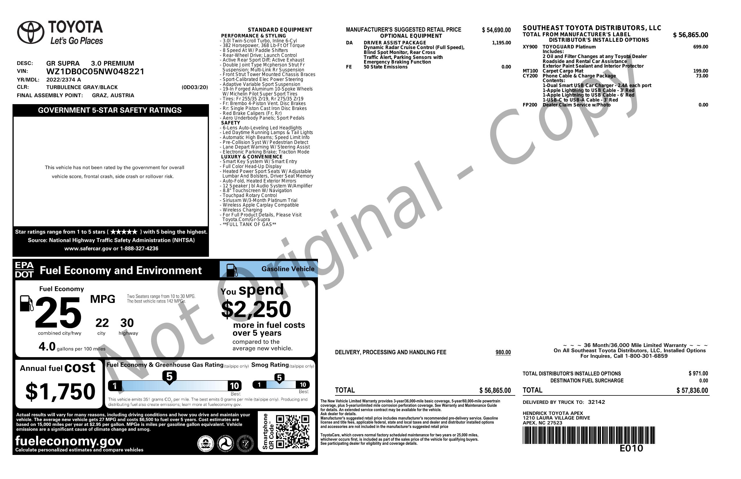 Window Sticker for 2022 Toyota Gr Supra Auto (Natl)