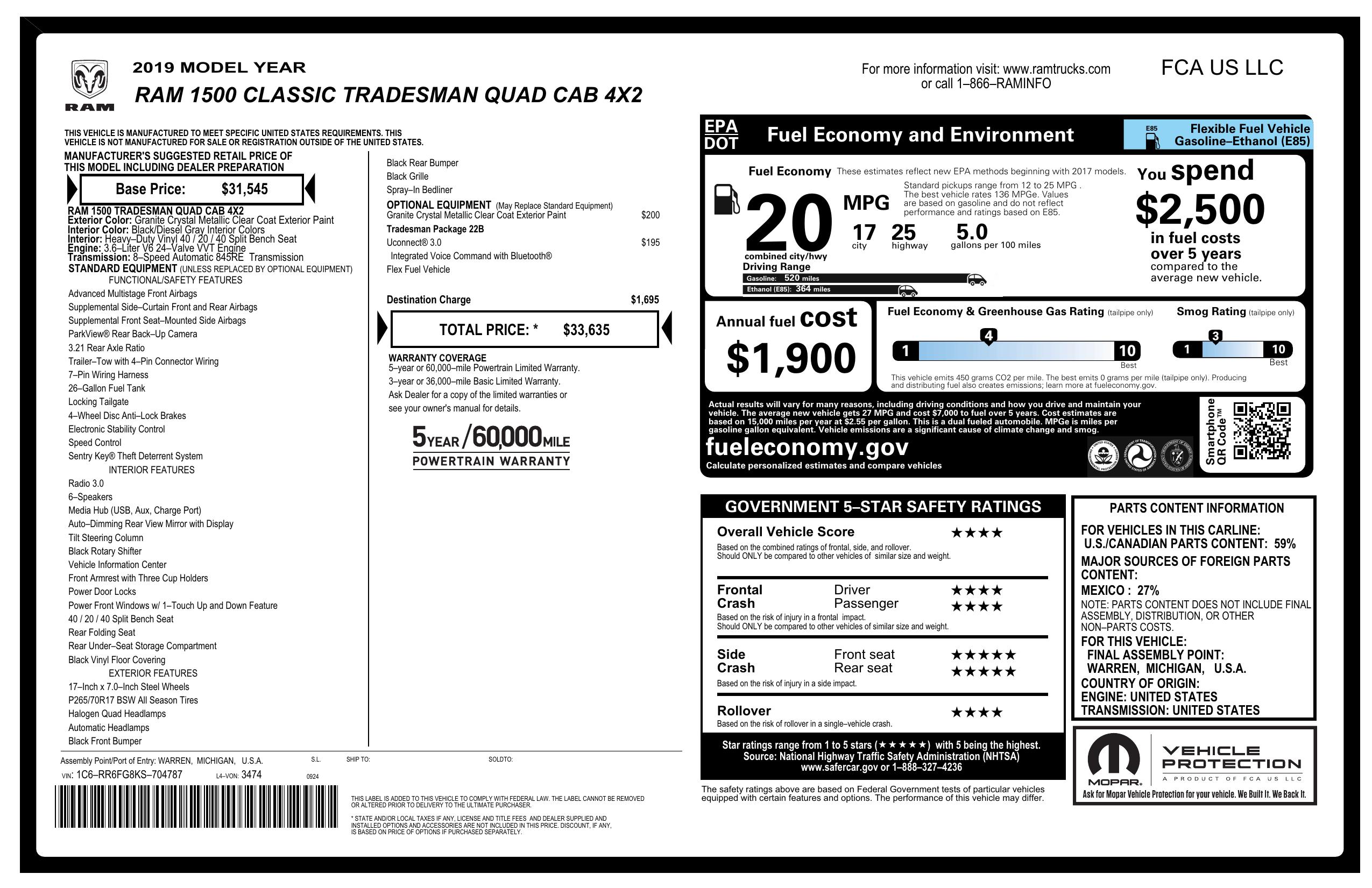 Window Sticker For 2019 Ram 1500 Classic Tradesman 4x2 Quad Cab 6 4 Box window-sticker-for-2019-ram-1500-classic-tradesman-4x2-quad-cab-6-4-box