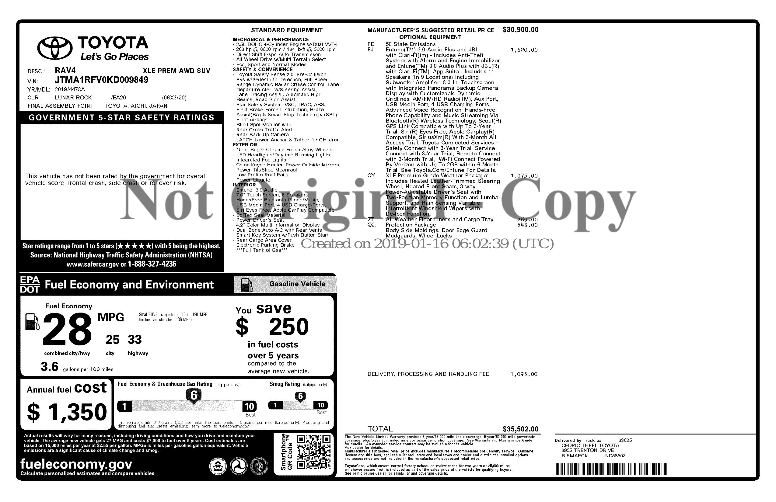Window Sticker for 2019 Toyota Rav4 Xle Premium Awd (Natl)