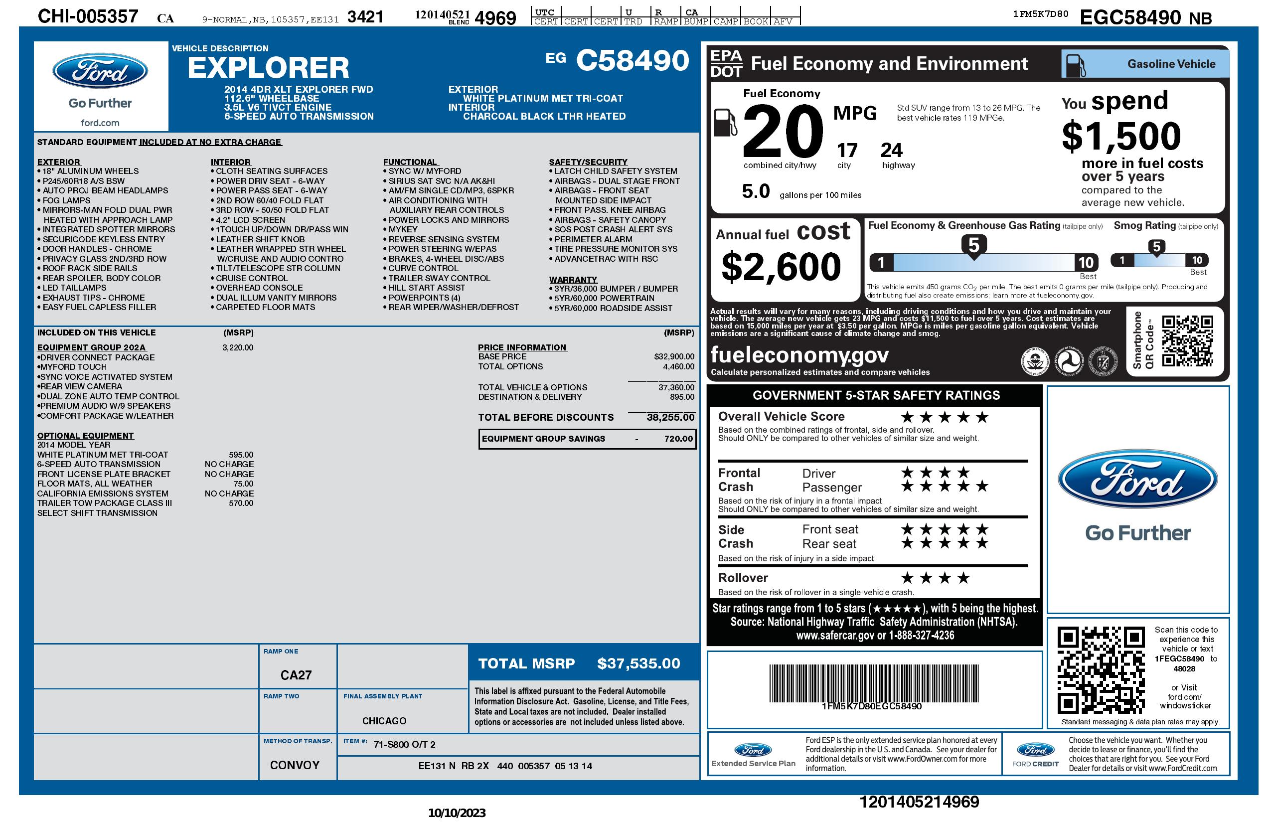 Window Sticker for 2014 Ford Explorer Fwd 4dr Xlt