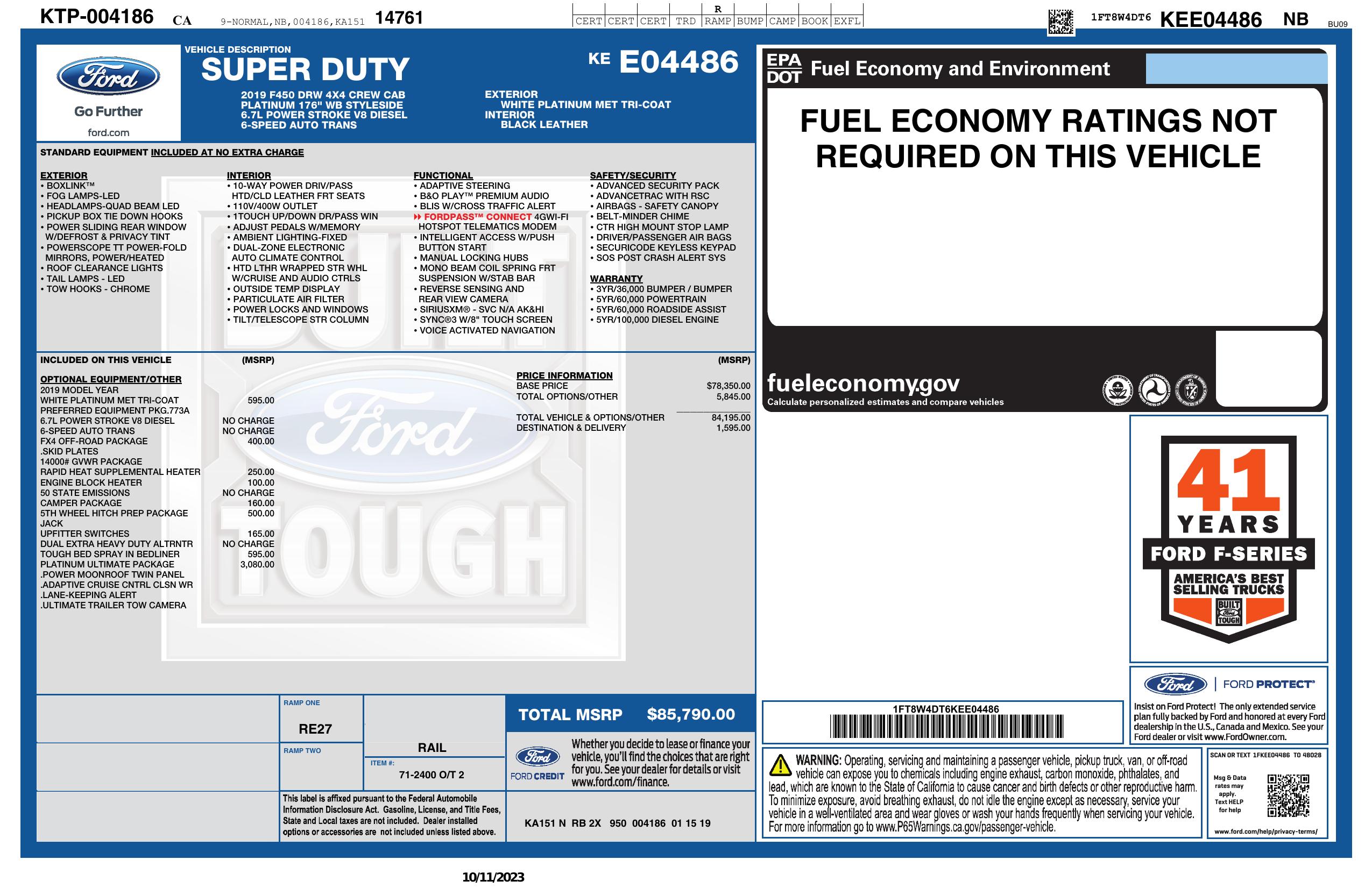 Window Sticker for 2019 Ford Super Duty F 450 Drw 4 Wd Crew Cab 8' Box