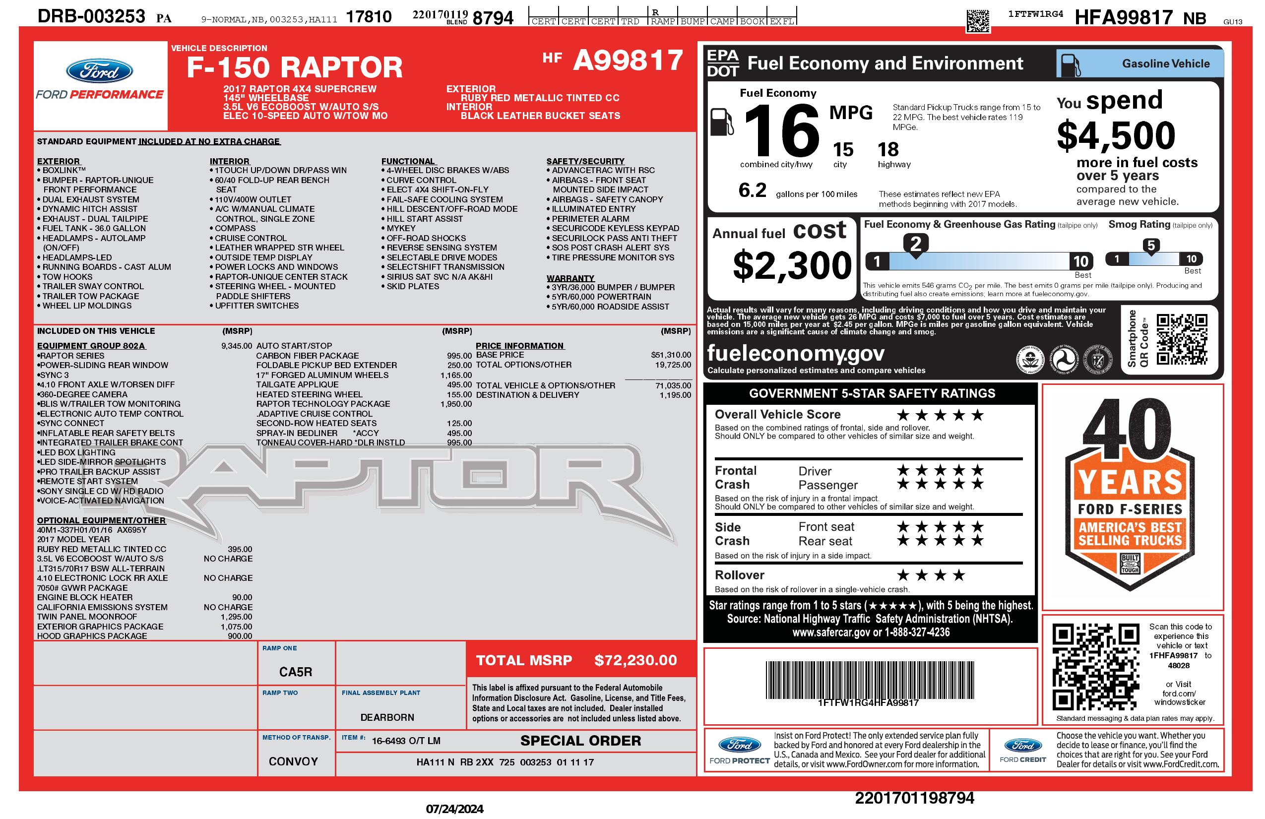 Window Sticker for 2017 Ford F 150 Raptor Super Crew 4 Wd