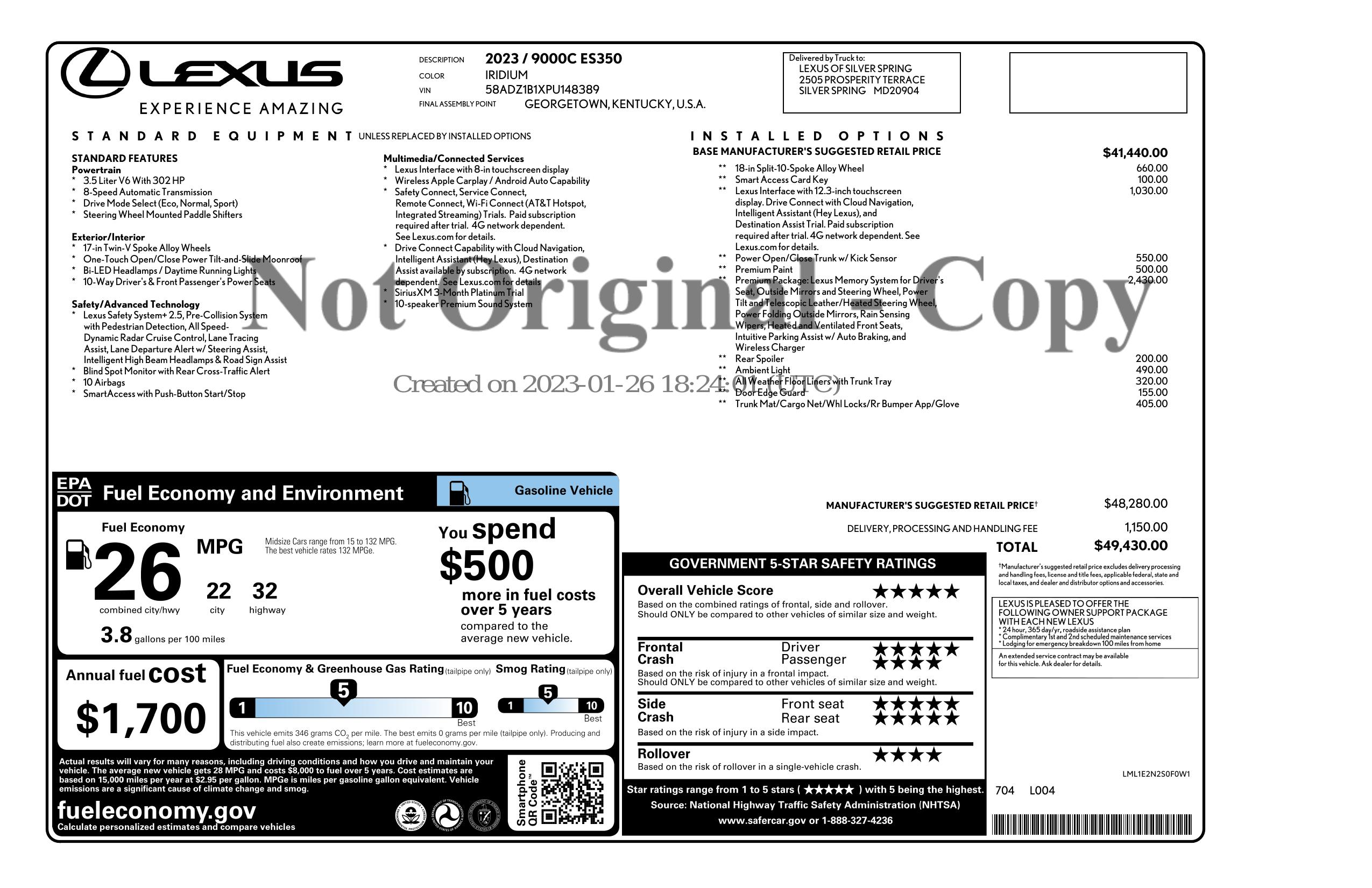 Window Sticker for 2023 Lexus Es Es 350 Fwd
