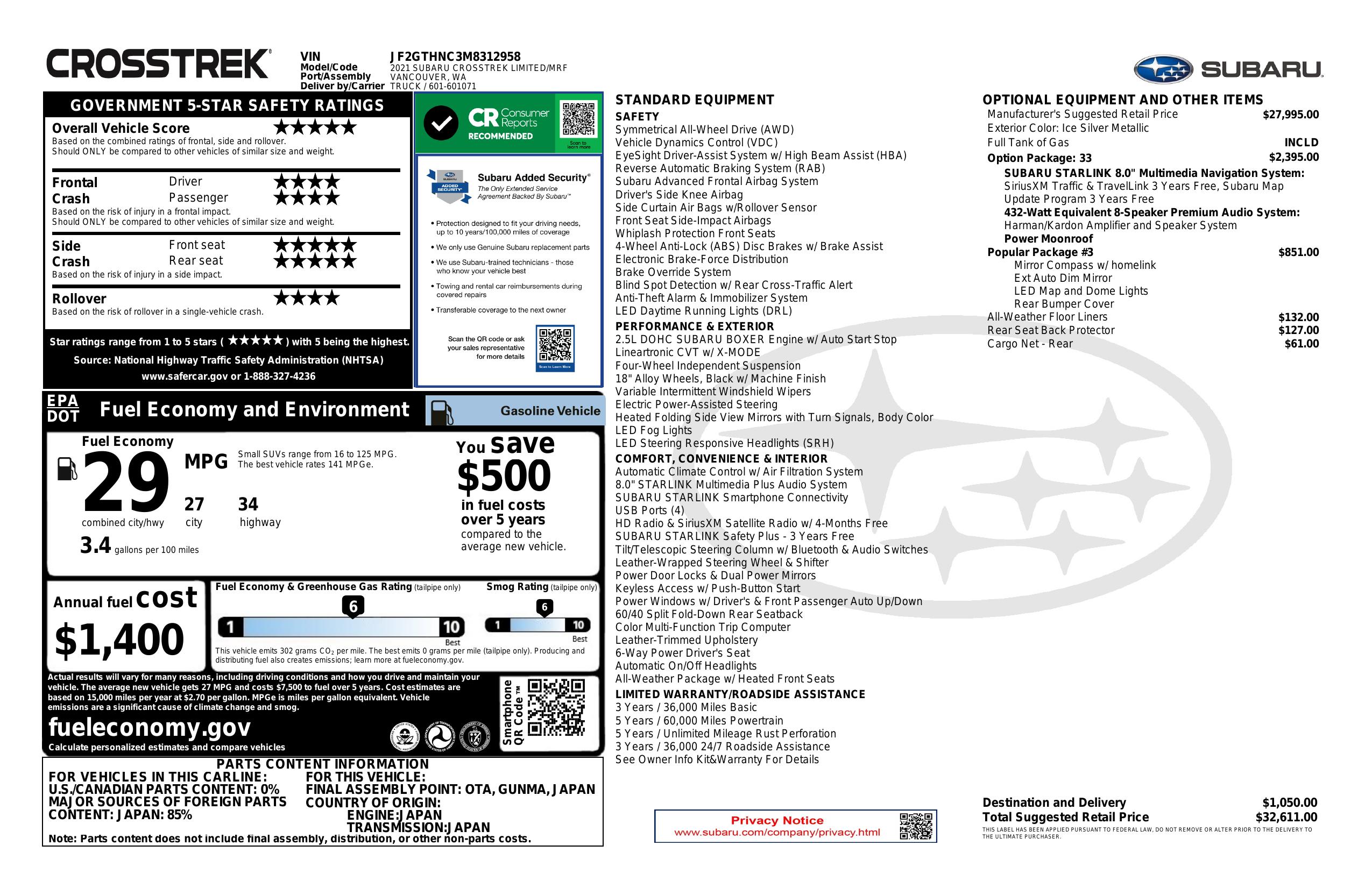 Window Sticker for 2021 Subaru Crosstrek Limited Cvt