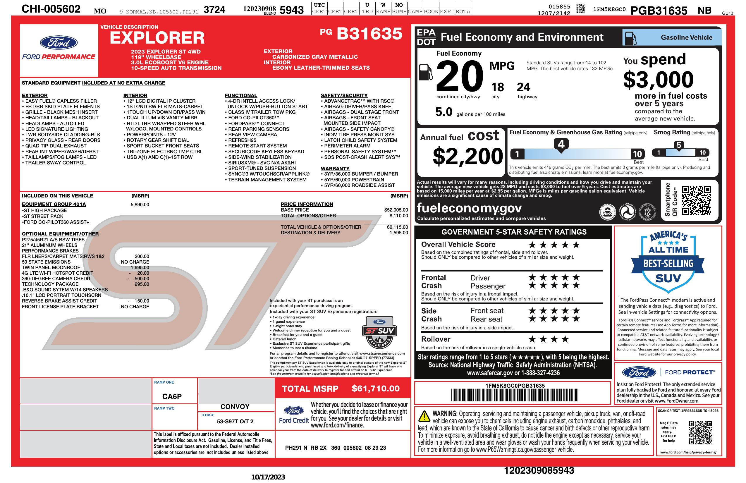 Window Sticker for 2023 Ford Explorer St 4 Wd