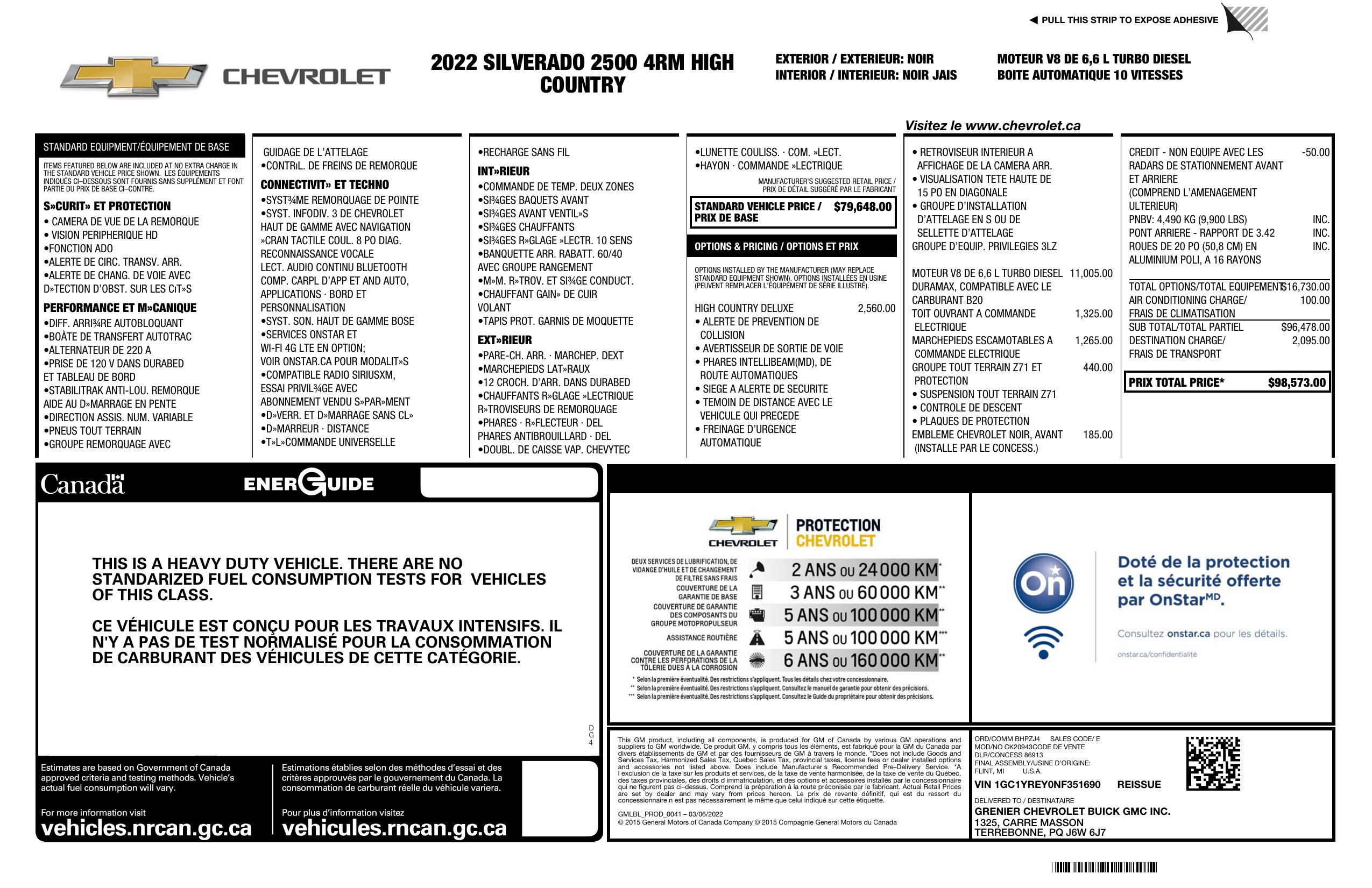 Window Sticker for 2022 Chevrolet Silverado 2500 Hd 4 Wd Crew Cab High ...