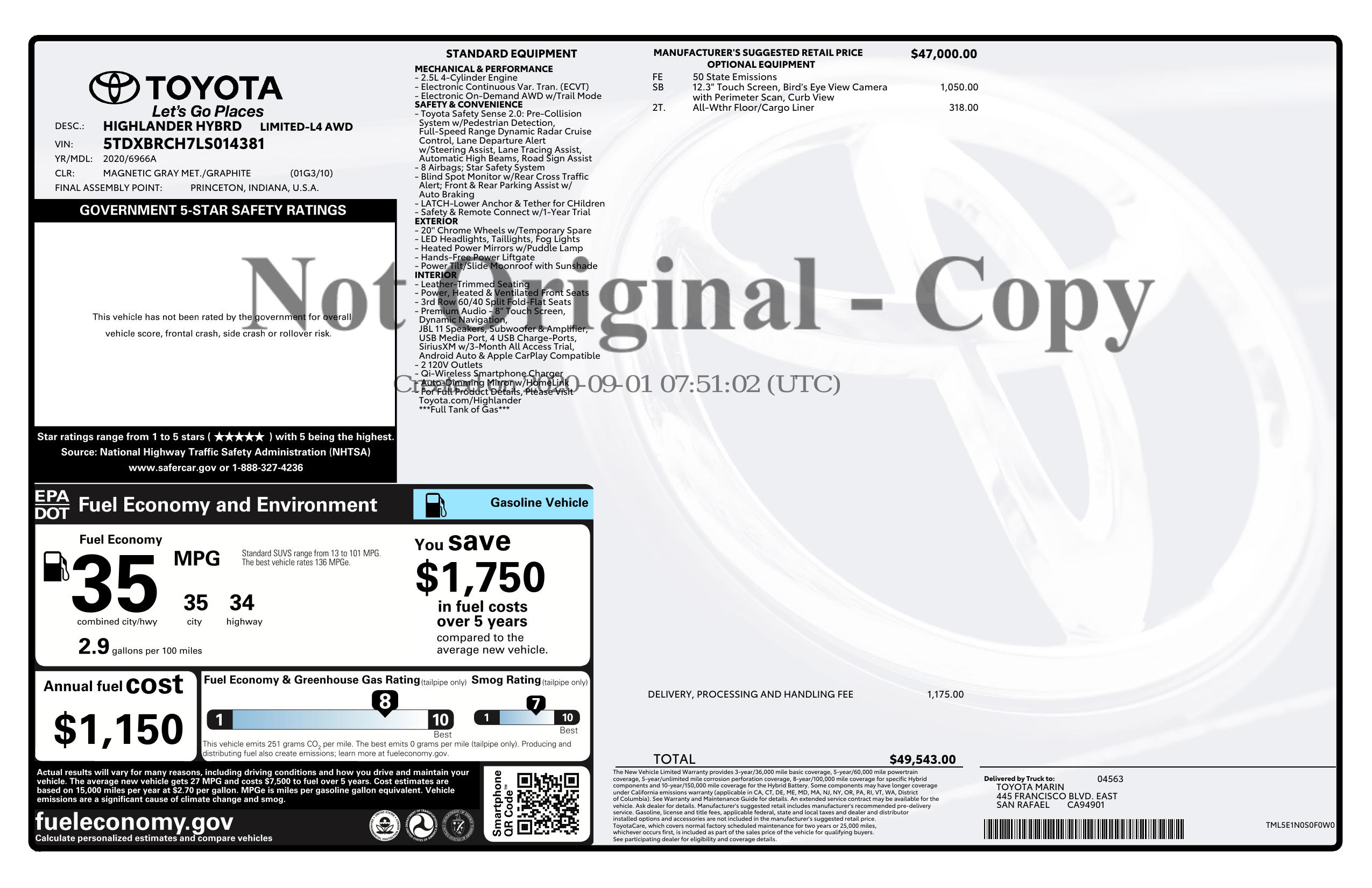 Window Sticker for 2020 Toyota Highlander Hybrid Limited Awd (Natl)