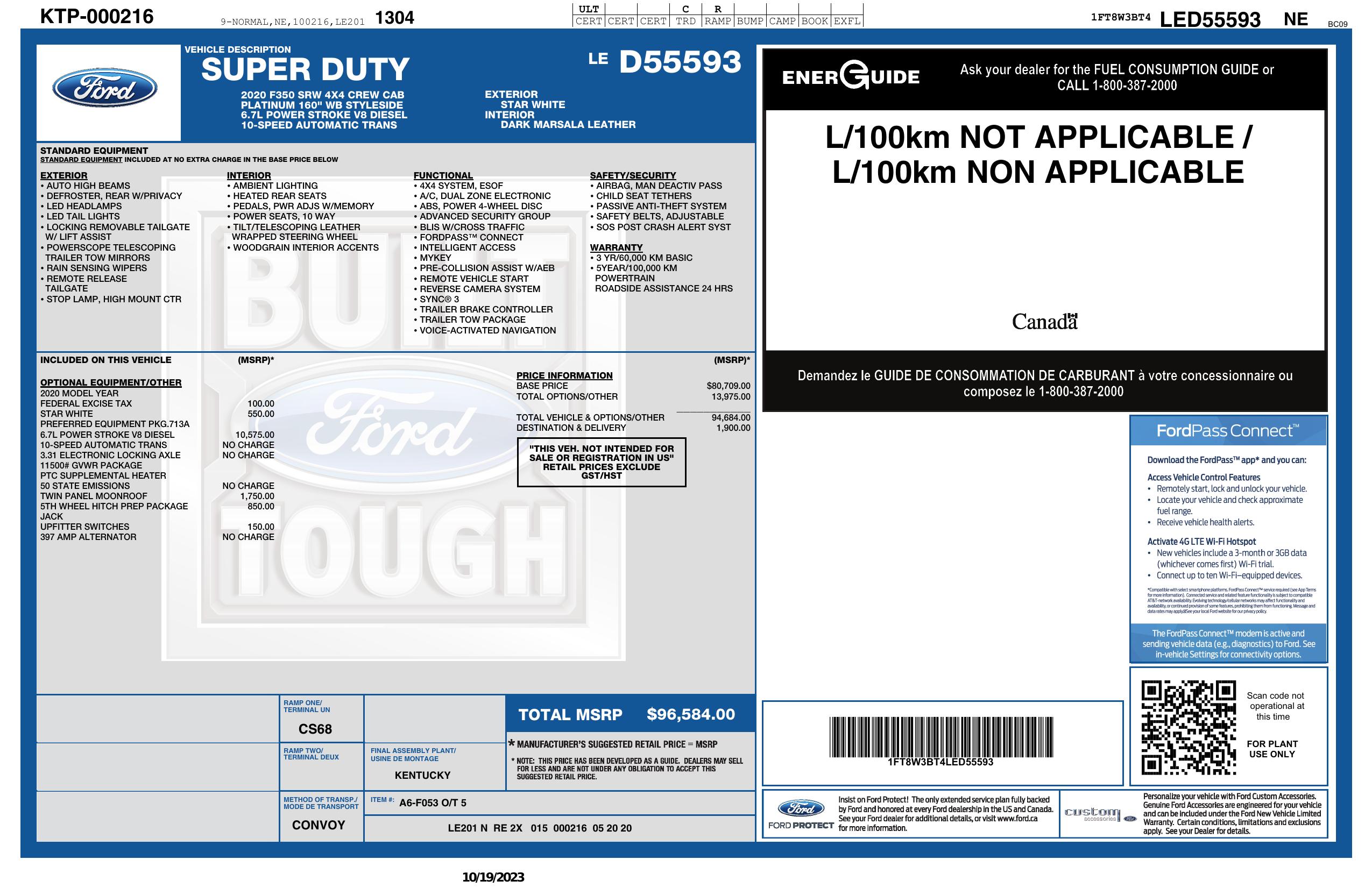 Window Sticker for 2020 Ford Super Duty F 350 Srw 4 Wd Crew Cab Box